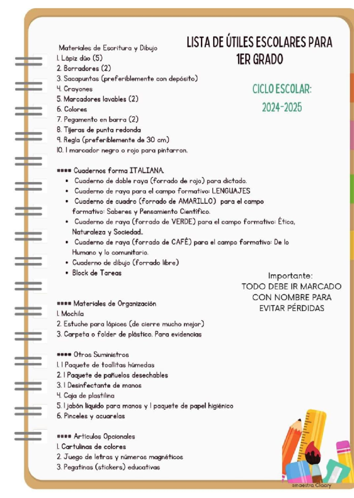 Lista DE Útiles Escolares 2024-2025 - Materiales de Escritura y Dibujo ...