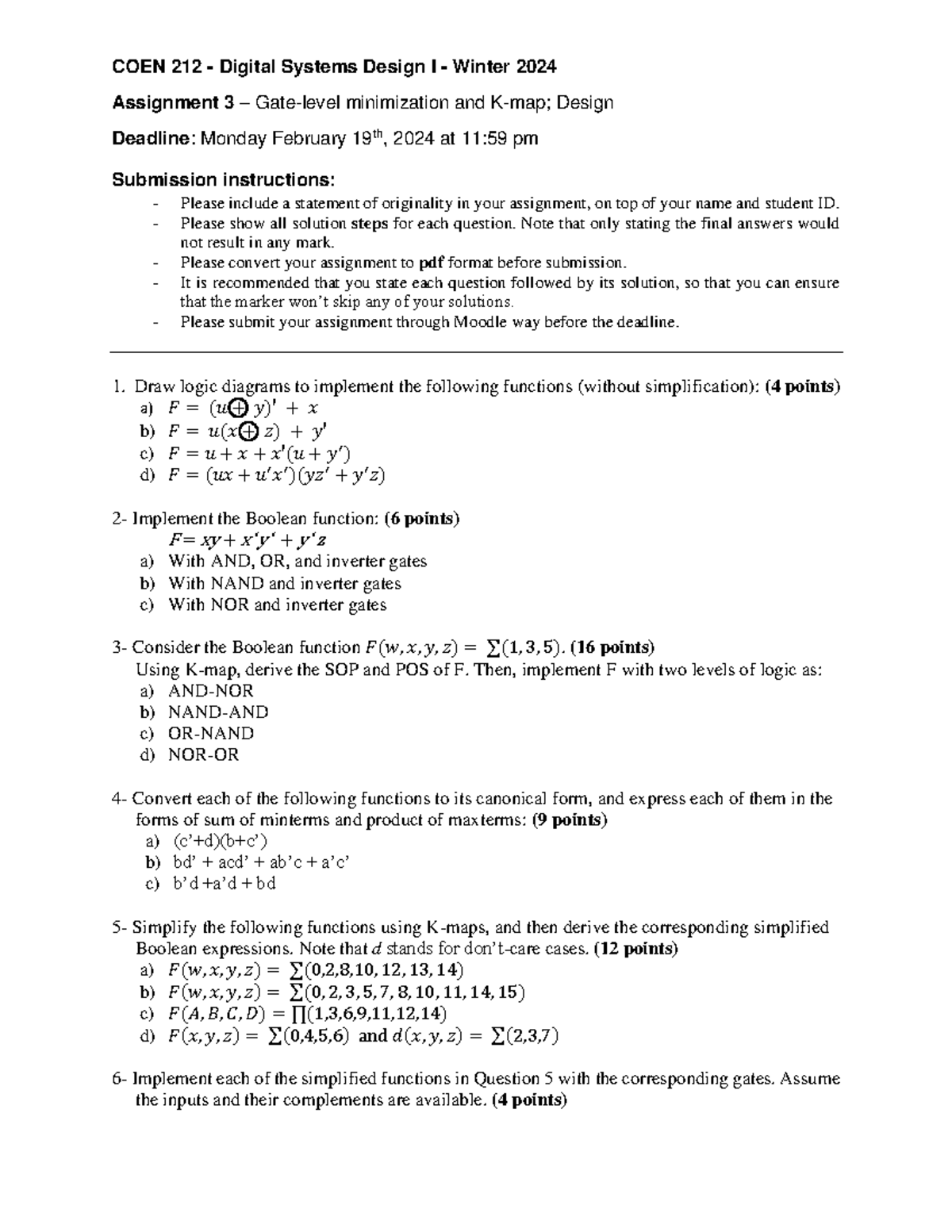 Assignment 3 - COEN 212 - Digital Systems Design I - Winter 2024 ...