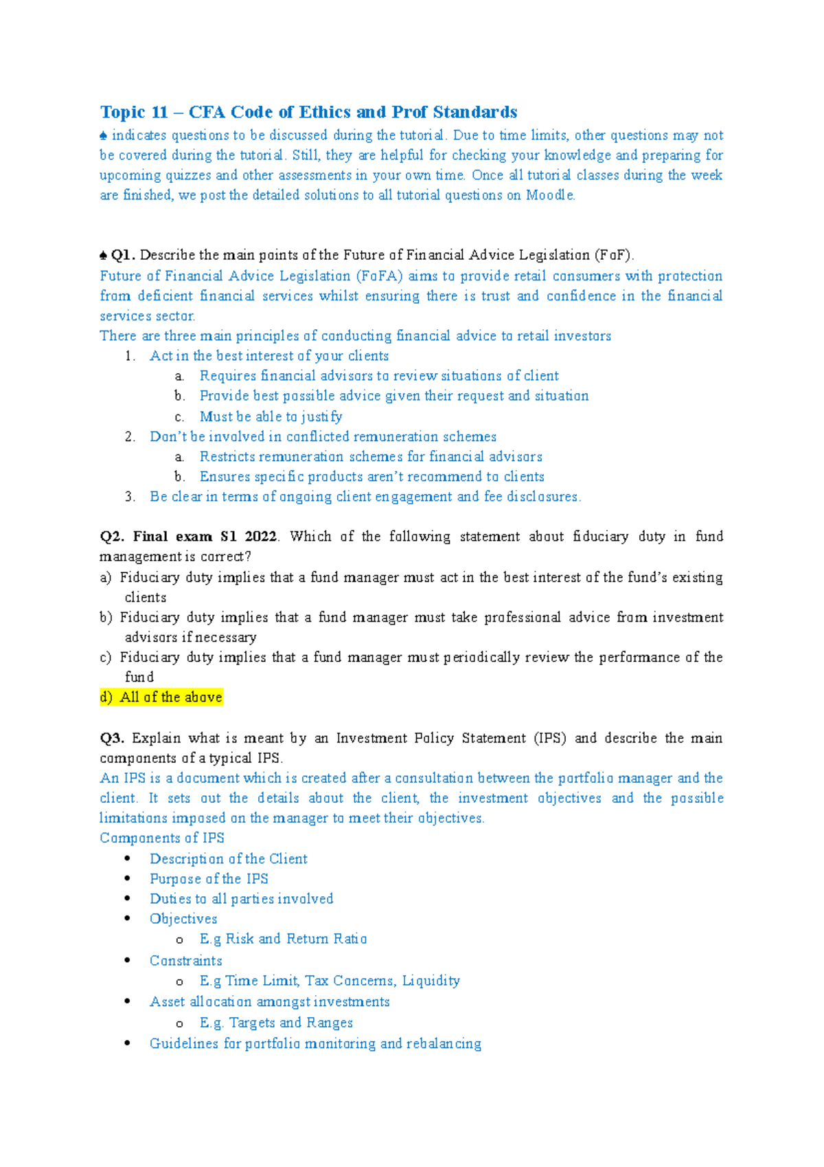 tutorial for week 19 - Topic 11 – CFA Code of Ethics and Prof Standards ...