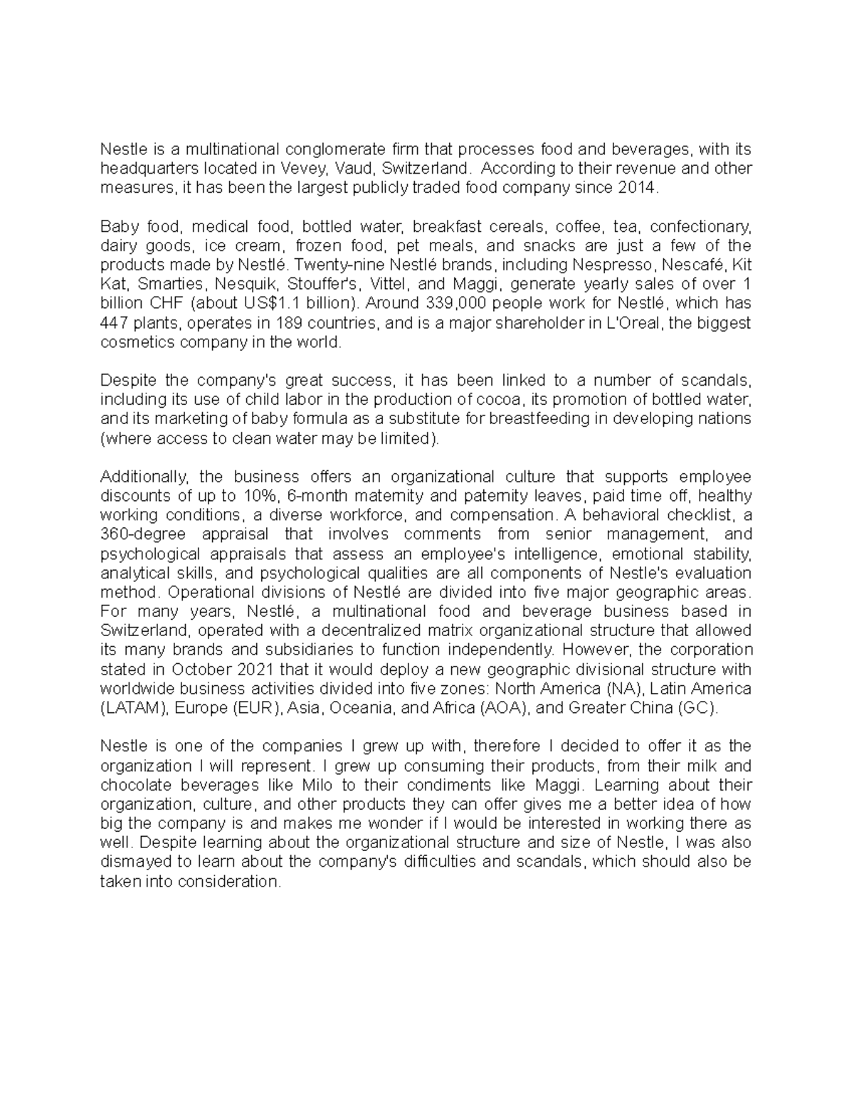 HBO 4 - Activity #4 - Nestle is a multinational conglomerate firm that ...