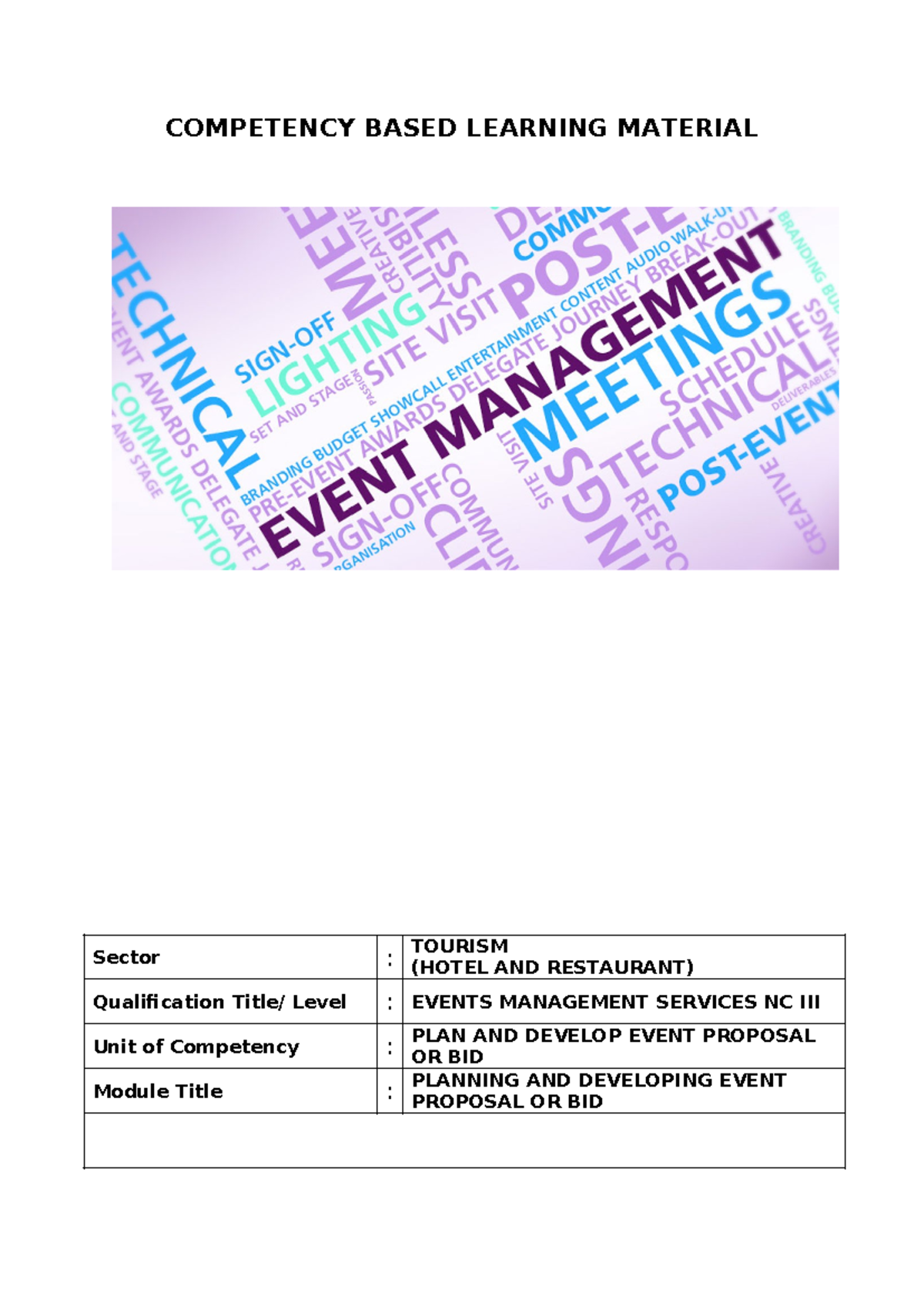 CBLM 1 - module - COMPETENCY BASED LEARNING MATERIAL Sector : TOURISM (HOTEL AND RESTAURANT ...
