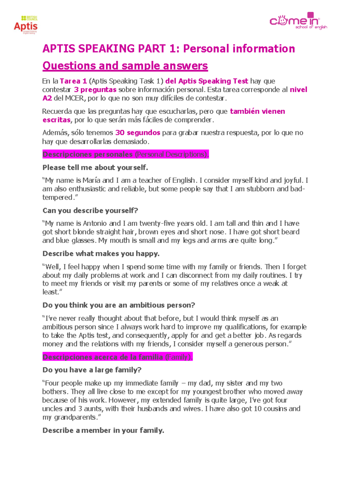 Speaking - Consejos para el examen - APTIS SPEAKING PART 1: Personal ...