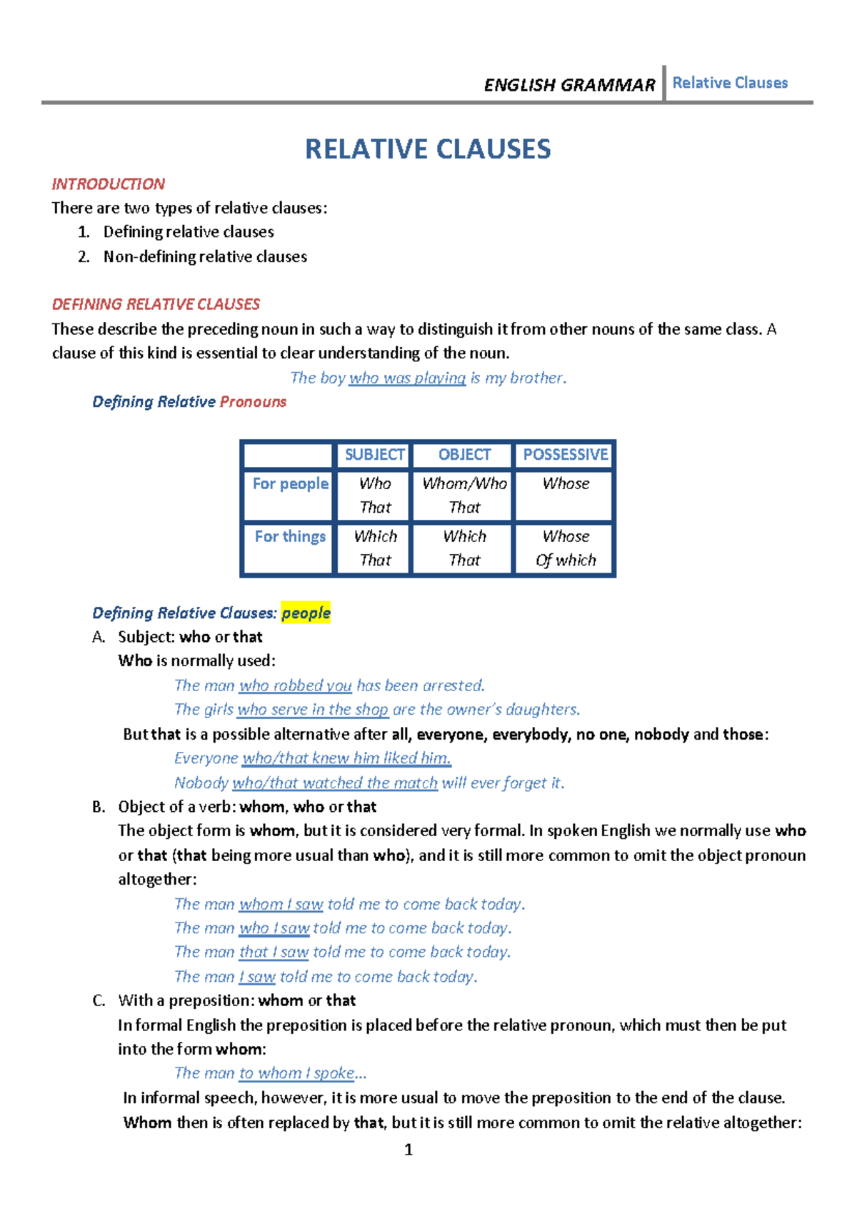 Relative clause lesson - RELATIVE CLAUSES INTRODUCTION There are two types of relative clauses ...