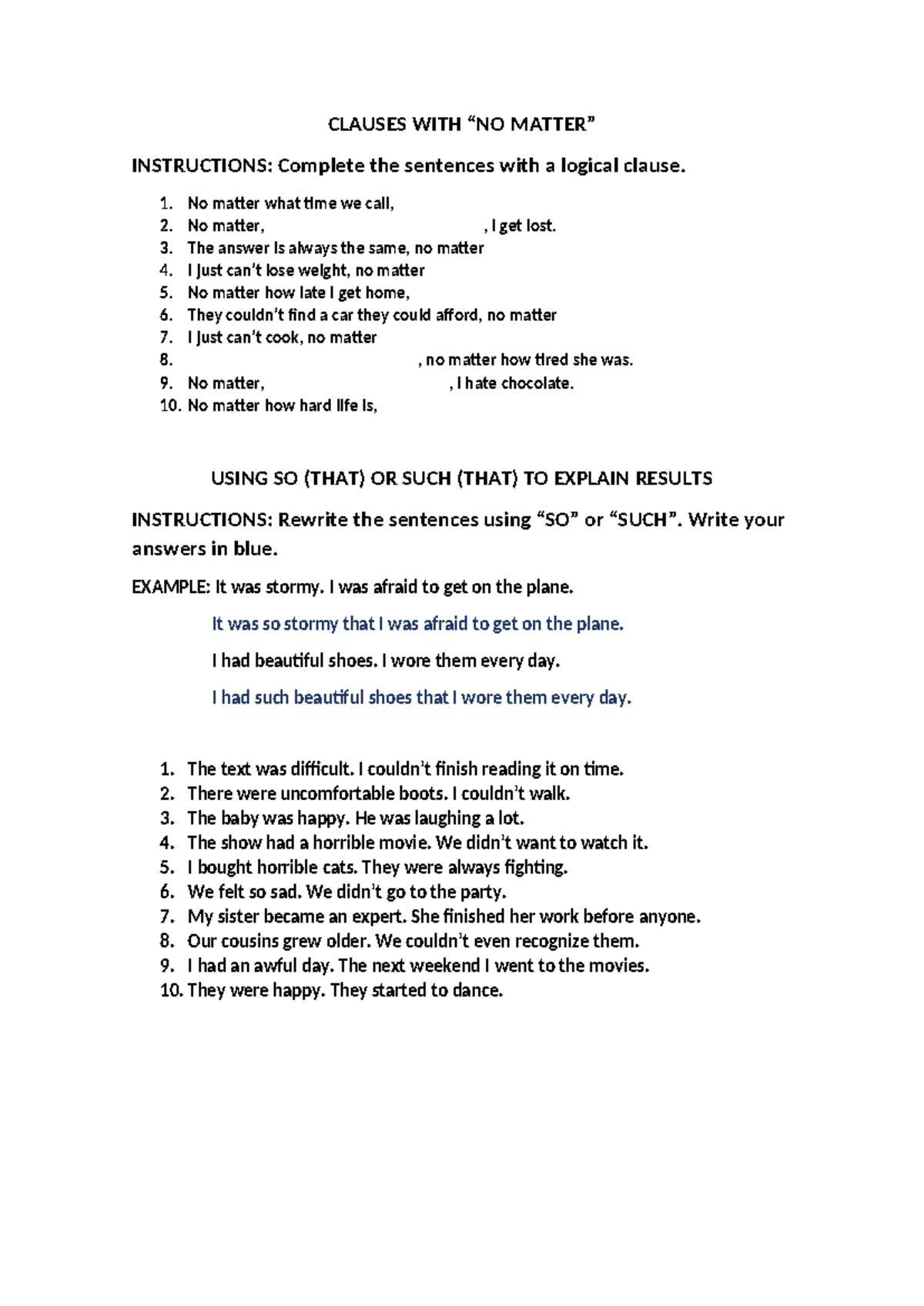 Clauses WITH - CLAUSES WITH “NO MATTER” INSTRUCTIONS: Complete the ...