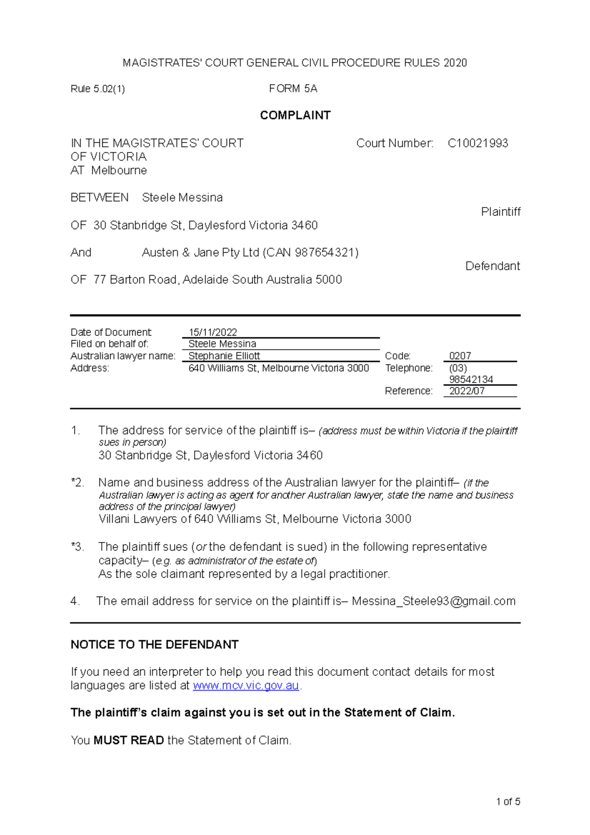Form 5A - Complaint-4 - Assessment - Form 5A - Complaint. - LLW4000 ...