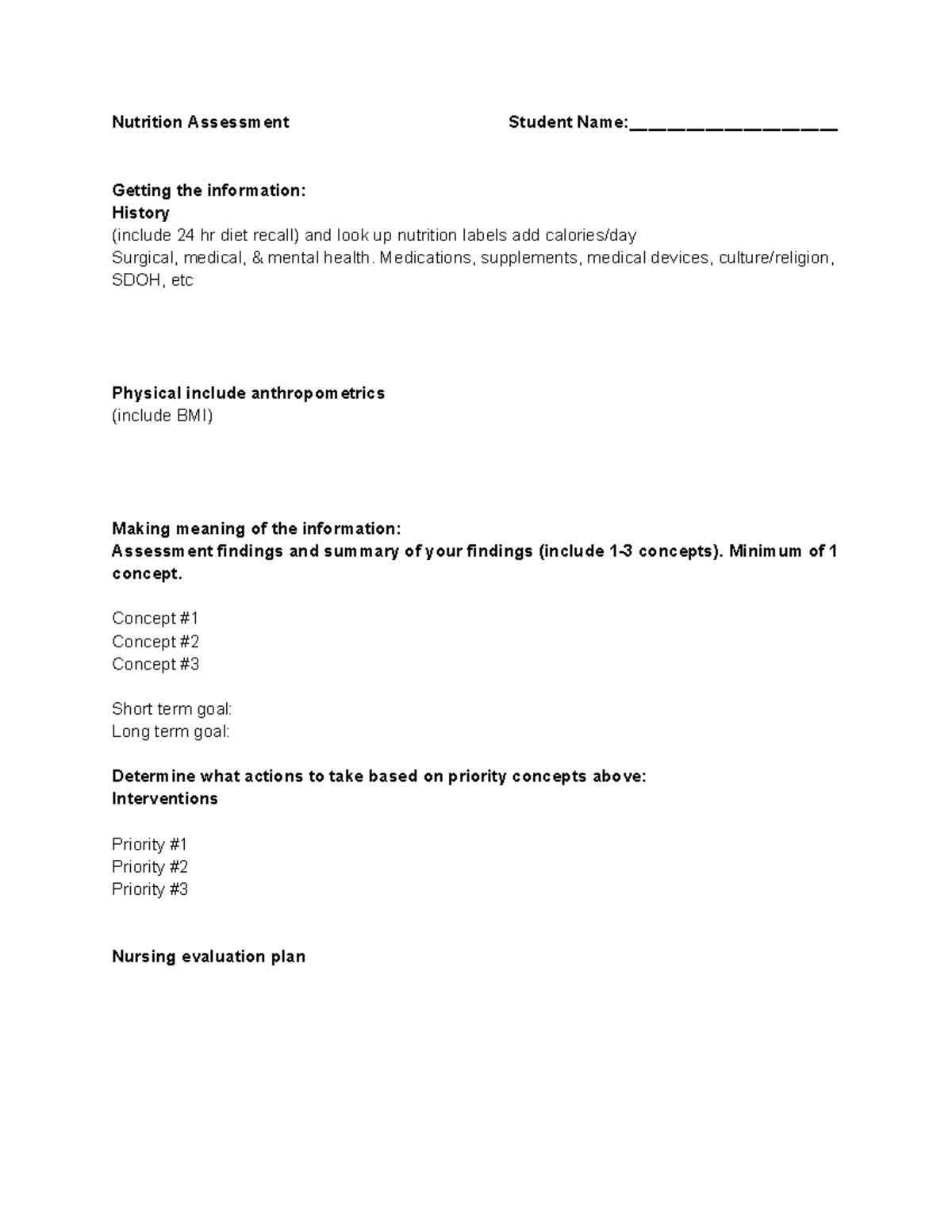 Nutrition Assessment 1 point Assigment - Nutrition Assessment Student ...