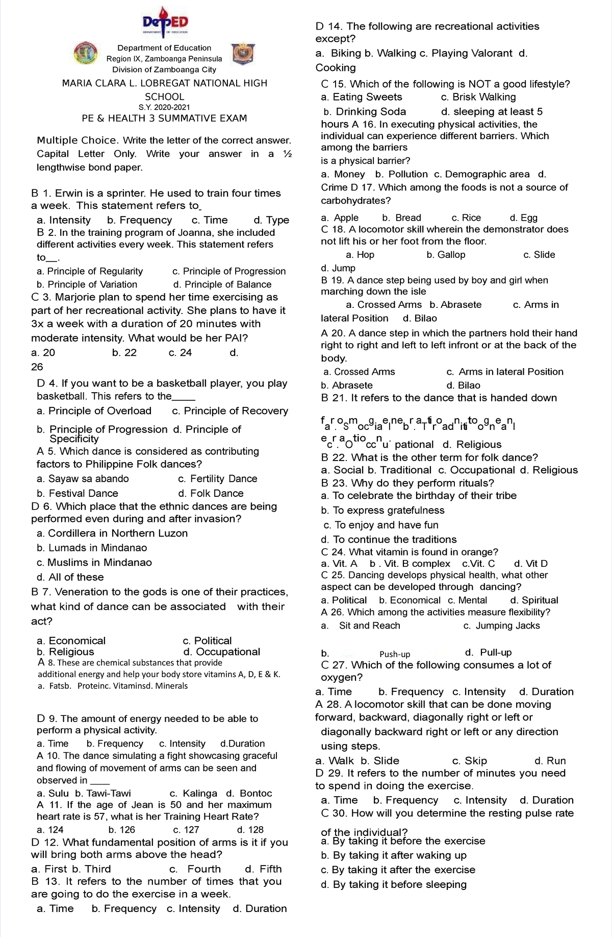 Pdf pe amp health 3 summative 1st quarter with answer key - Push-up A 8 ...