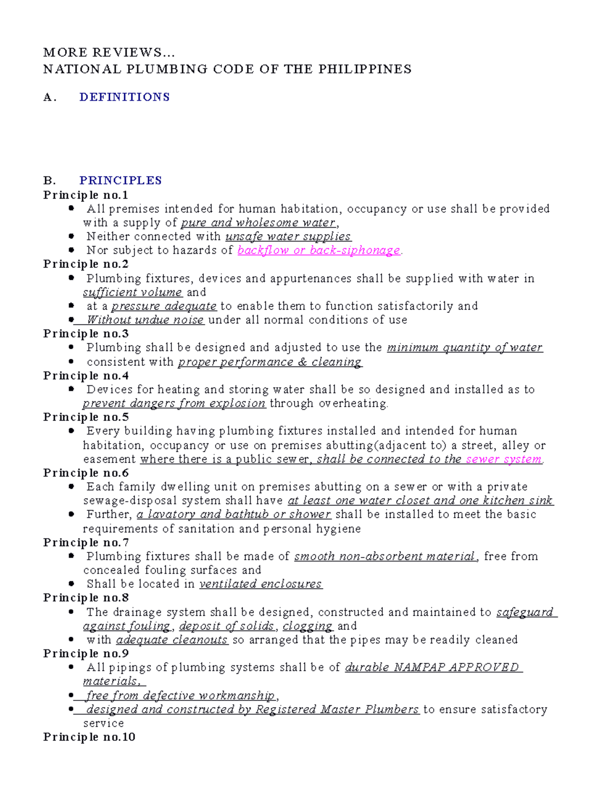 Summary Plumbing Code - MORE REVIEWS... NATIONAL PLUMBING CODE OF THE PHILIPPINES A. DEFINITIONS ...