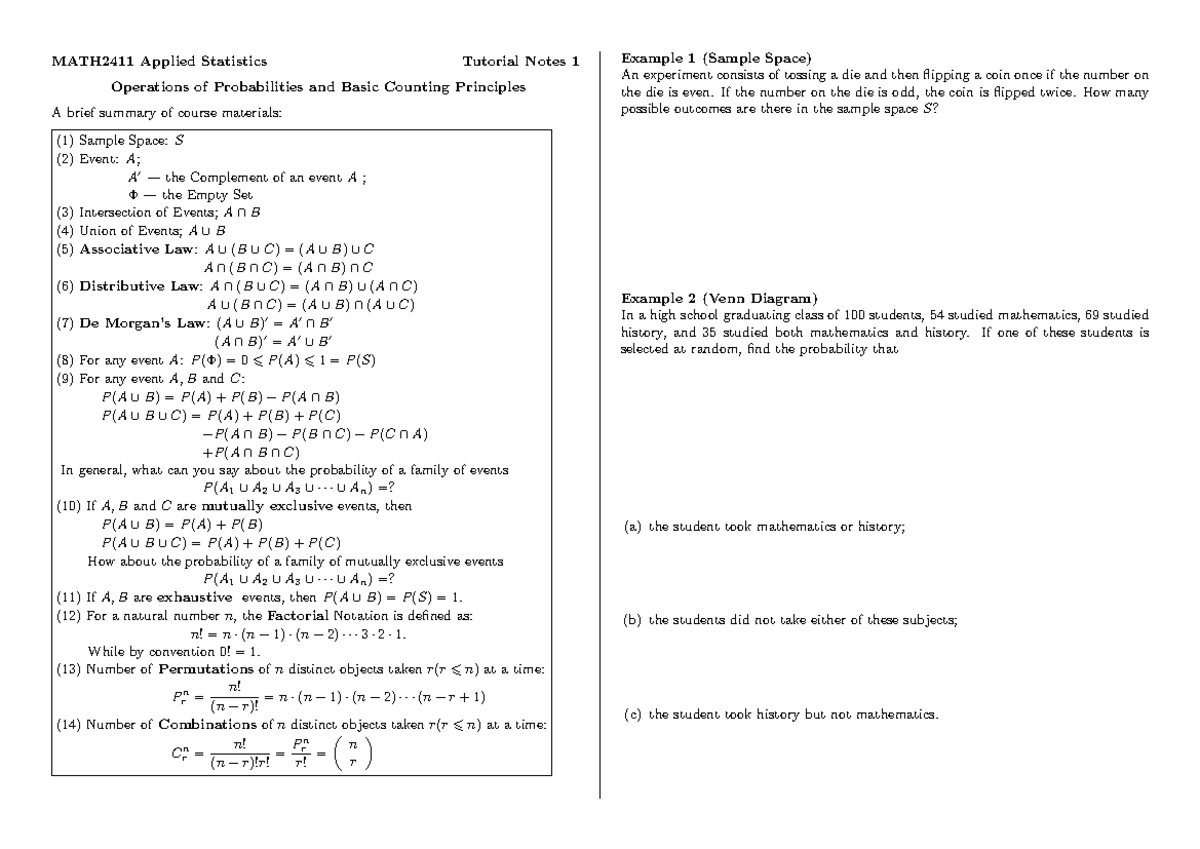 TN01 - Dave Au - MATH2411 Applied Statistics Tutorial Notes 1 ...