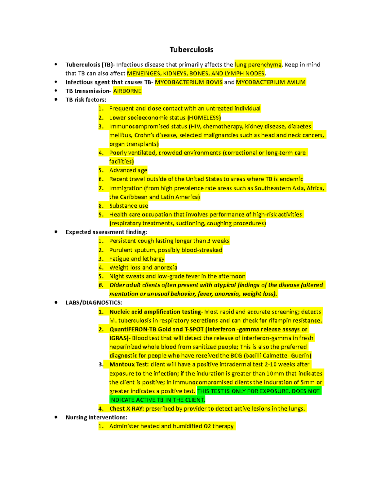 Exam 1 Notes - TB/HIV/Immunity - Tuberculosis Tuberculosis (TB ...
