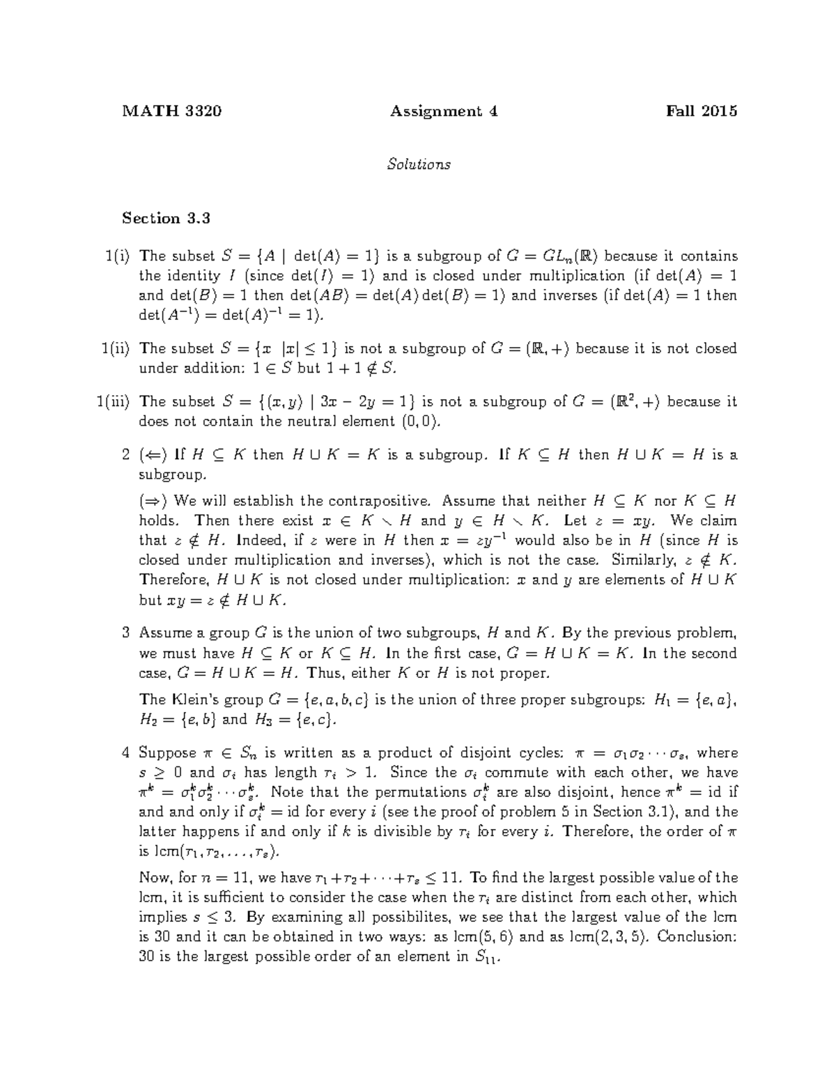 Kotchetov M3320 F15 Assignment#4 Sols - MATH 3320 Assignment 4 Fall 2015 Solutions Section 3. 1 ...