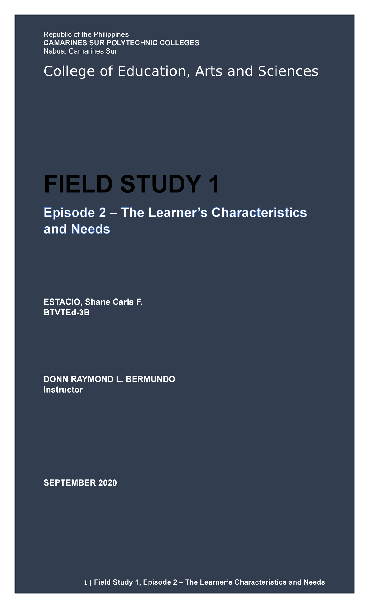 Field Study 1 Episode 2 - bachelor of technical teacher education - Studocu