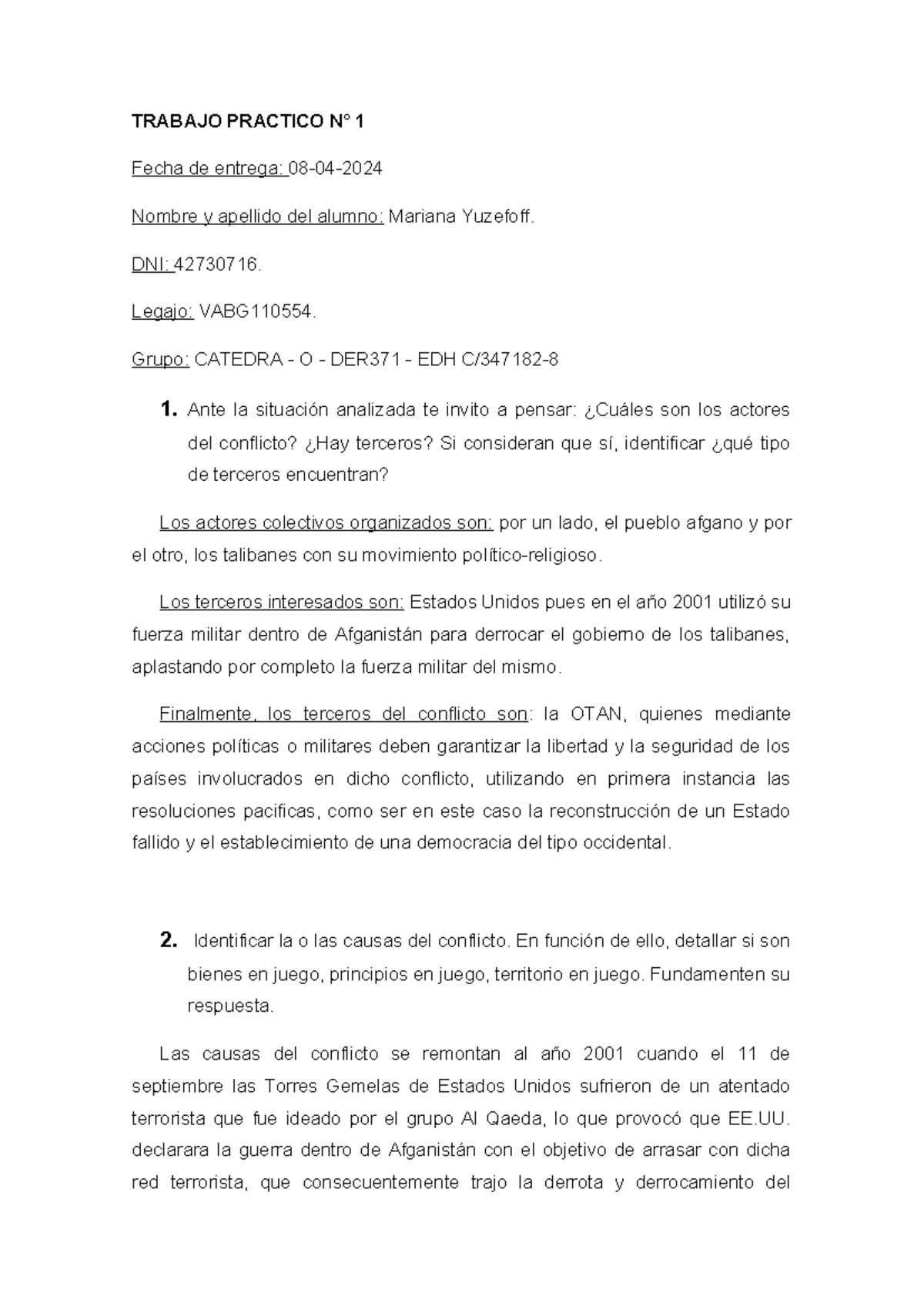 TP1 mediacion, arb Mariana Yuzefoff - TRABAJO PRACTICO N° 1 Fecha de entrega: 08-04- Nombre y ...