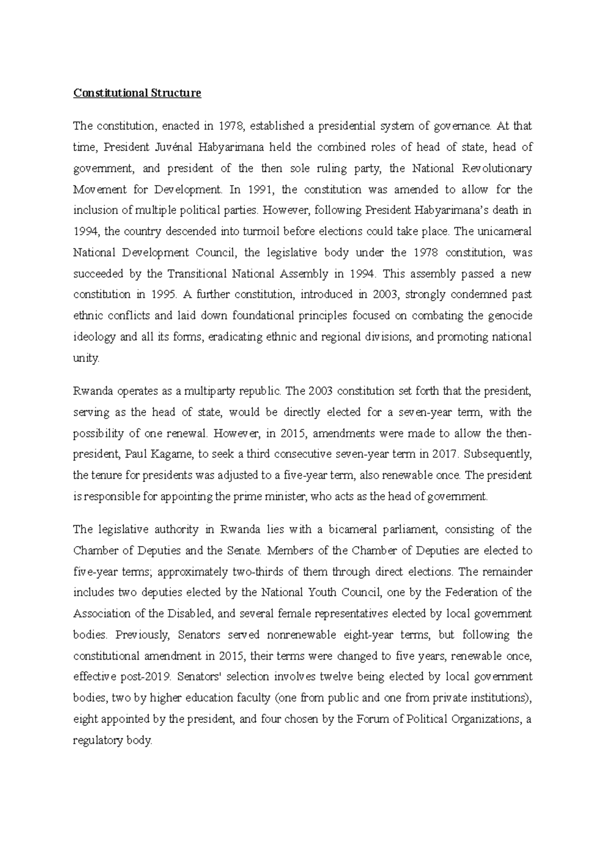 Rwanda - For IB - Constitutional Structure The constitution, enacted in ...