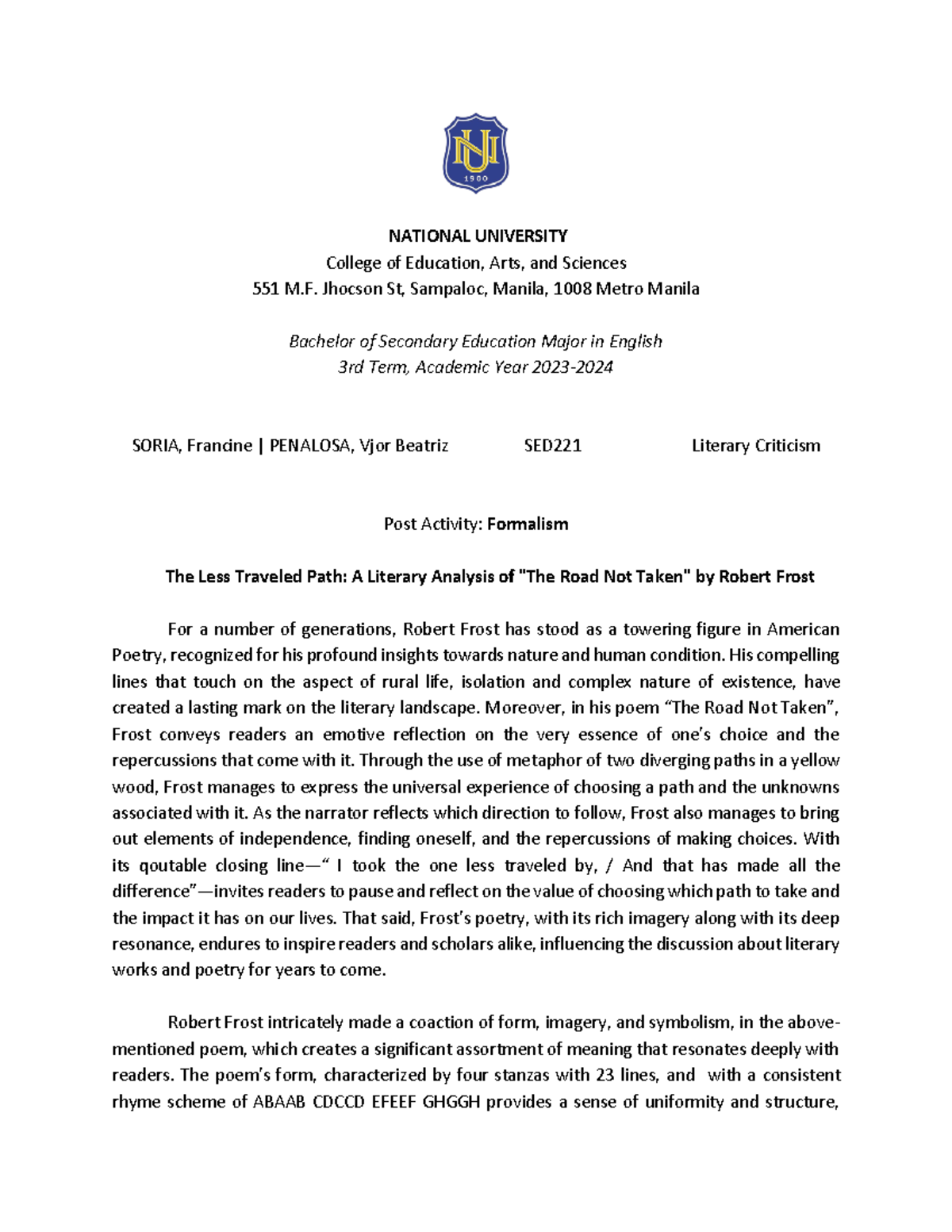 The Road Not Taken by Robert Frost – Formalism Lens - NATIONAL ...