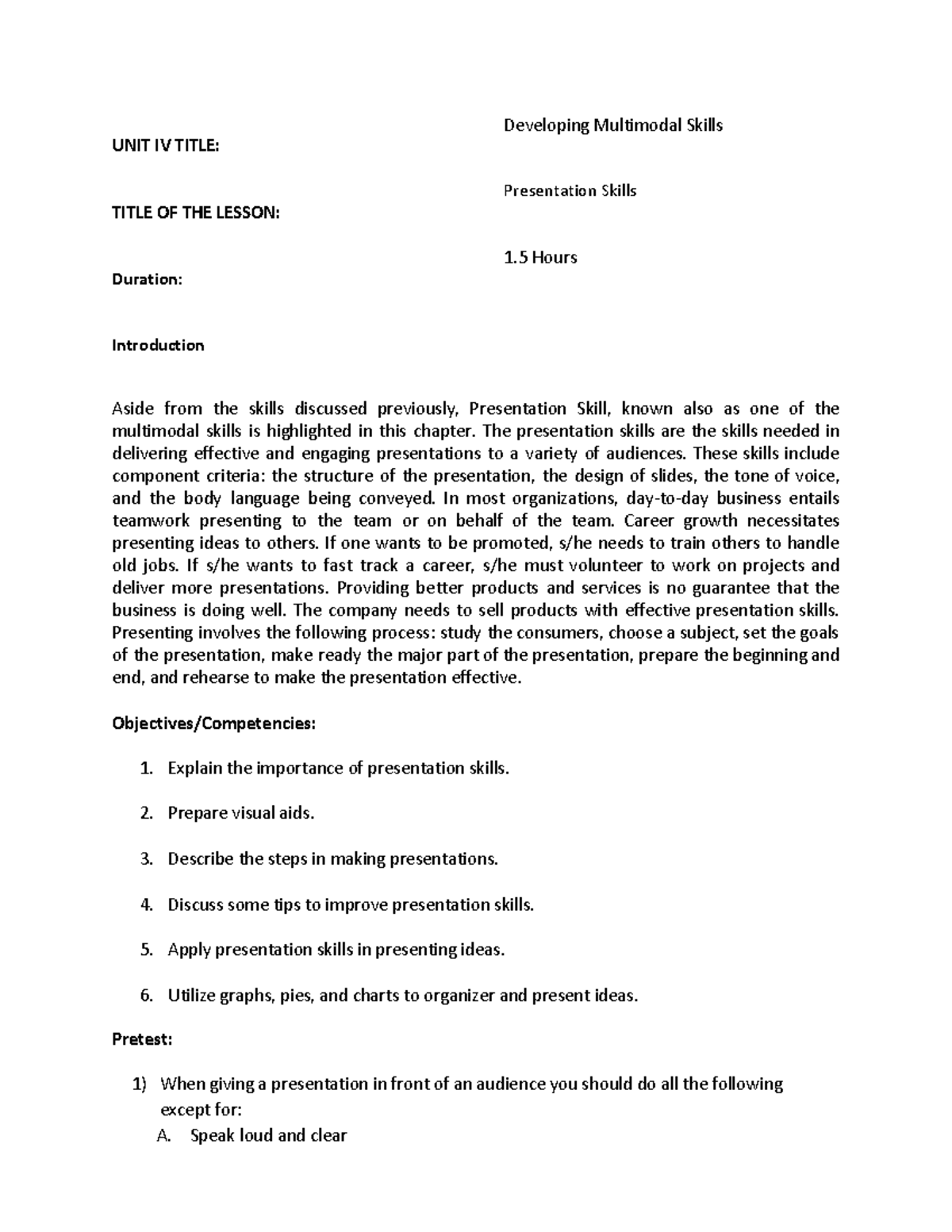 Pcm - UNIT IV TITLE: Developing Multimodal Skills TITLE OF THE LESSON ...