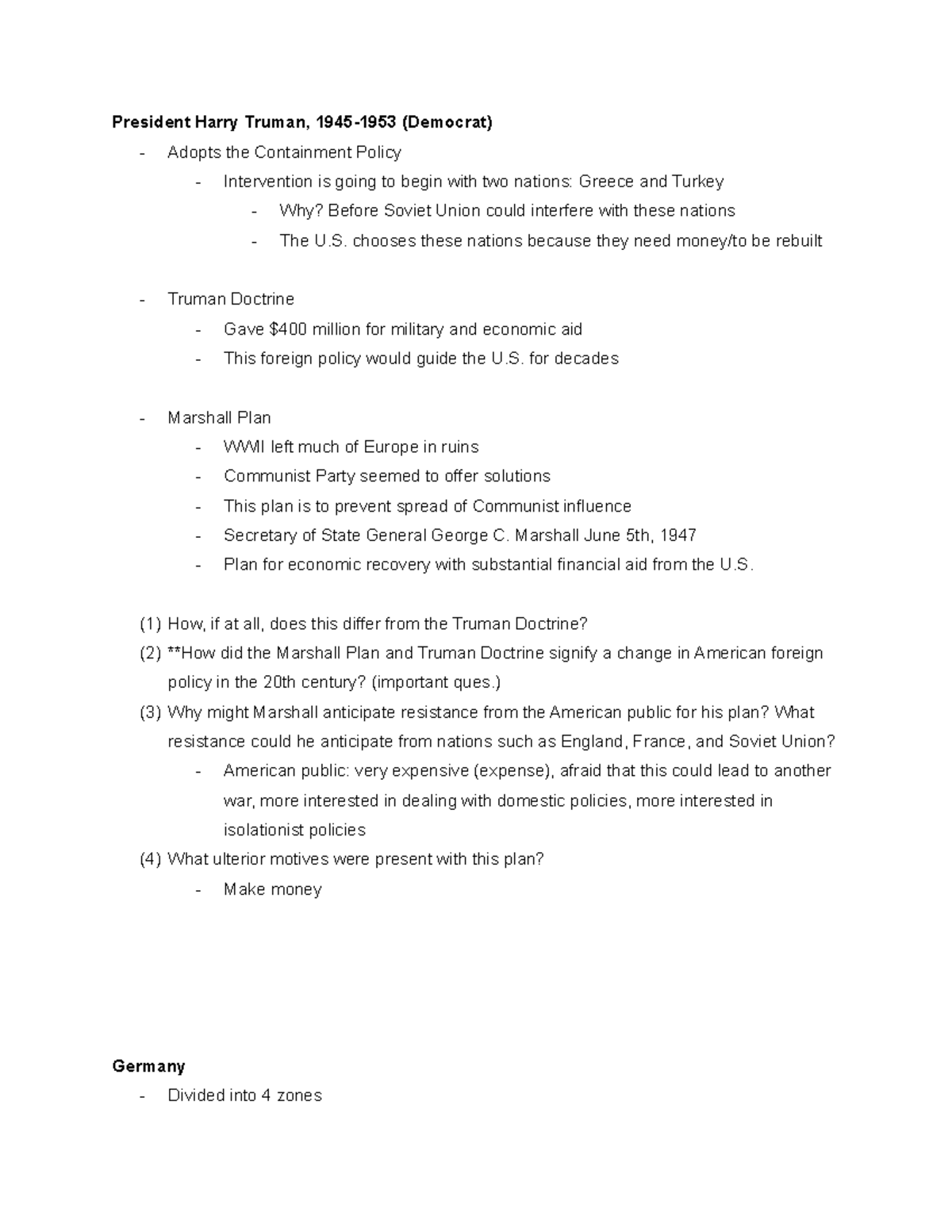 Cold War Class Notes - President Harry Truman, (Democrat) Adopts the ...
