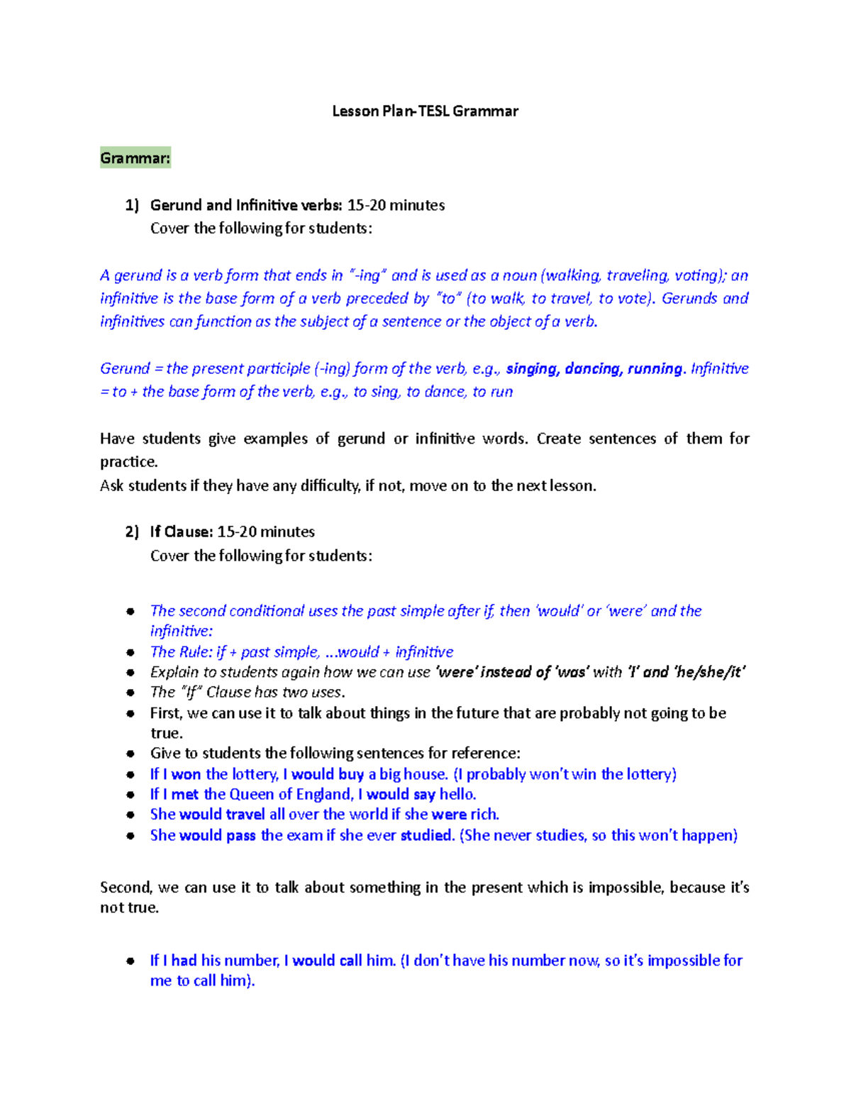 Lesson Plan-TESL 326 - Lesson Plan-TESL Grammar Grammar: Gerund and ...