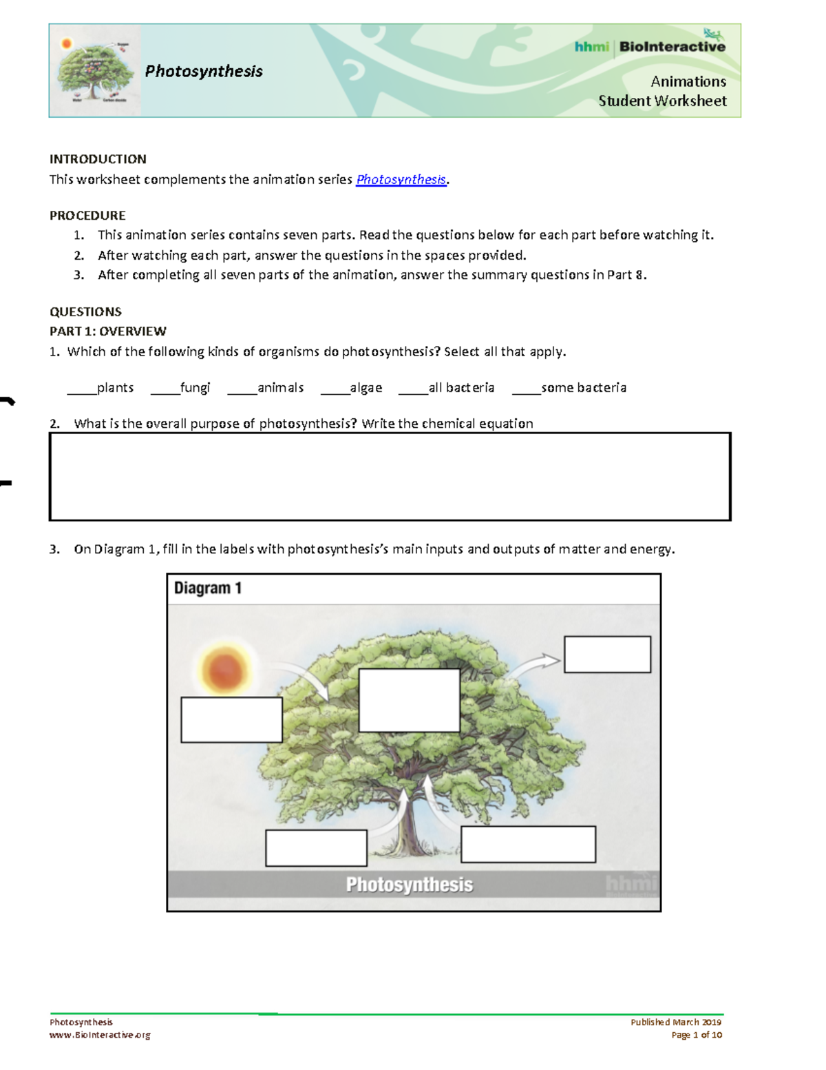 Photosynthesis Worksheet - Photosynthesis Published March 2019 ...