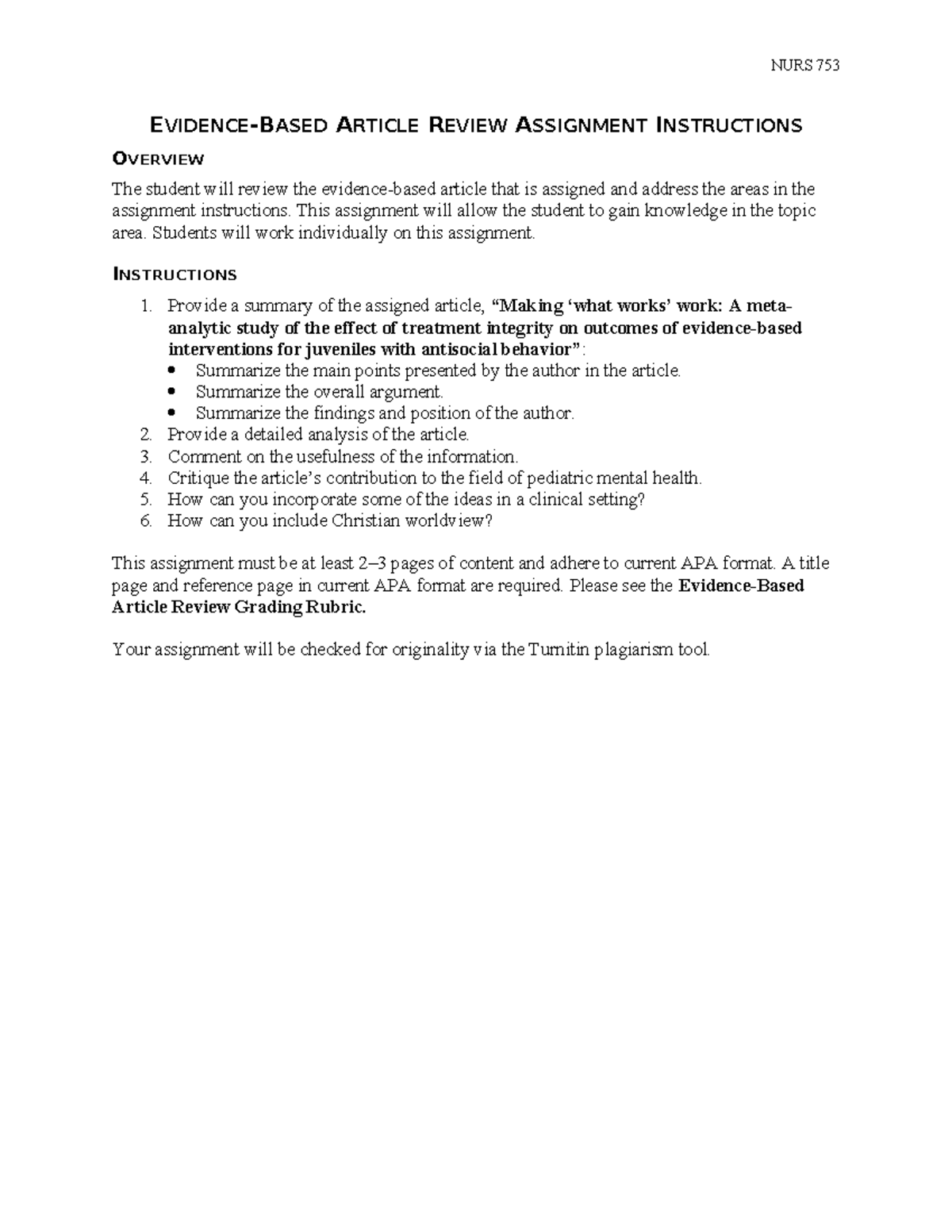 Evidence-Based Article Review Assignment Instructions - NURS 753 EVIDENCE-BASED ARTICLE REVIEW ...