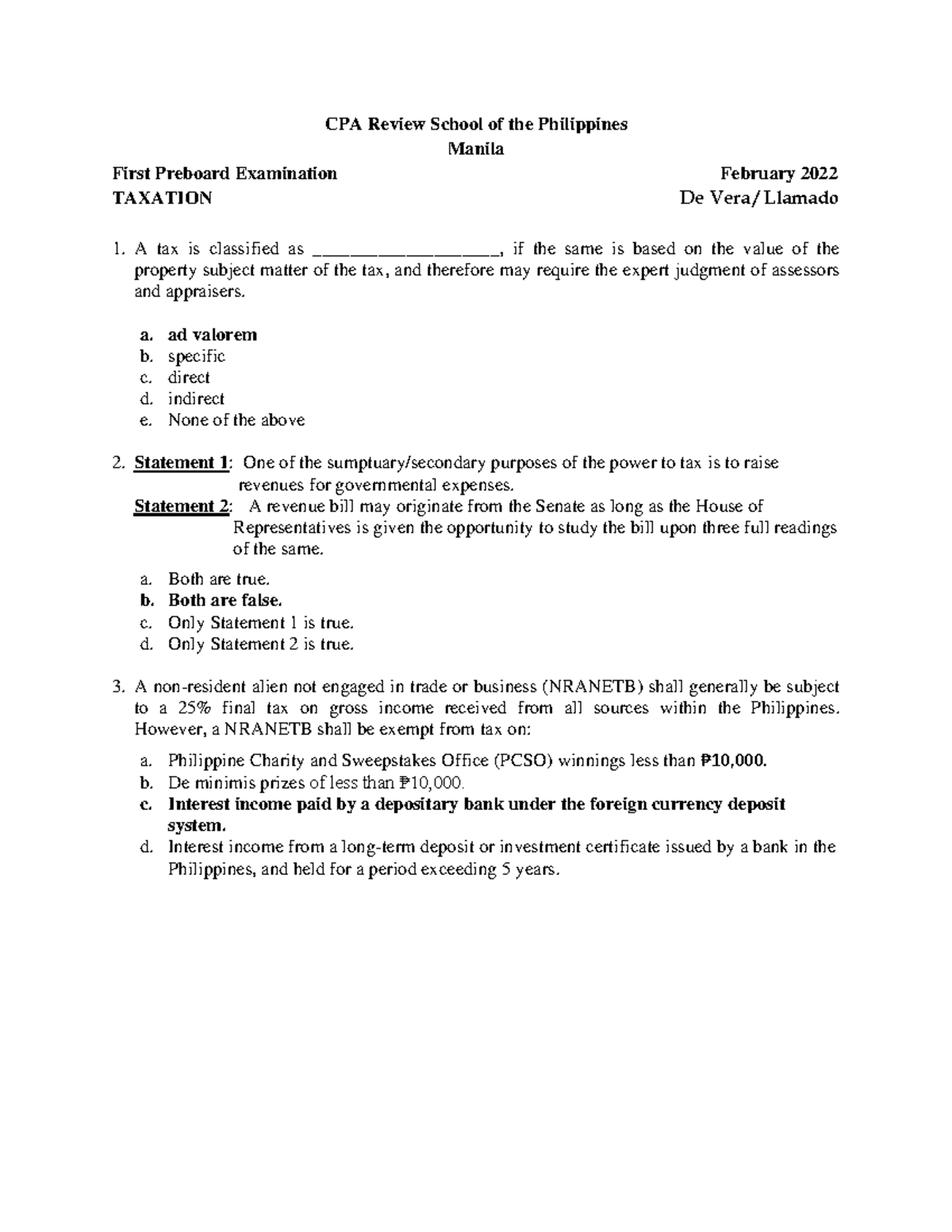 Copy of CPAR Tax Batch 91 First Preboard Solutions - CPA Review School ...