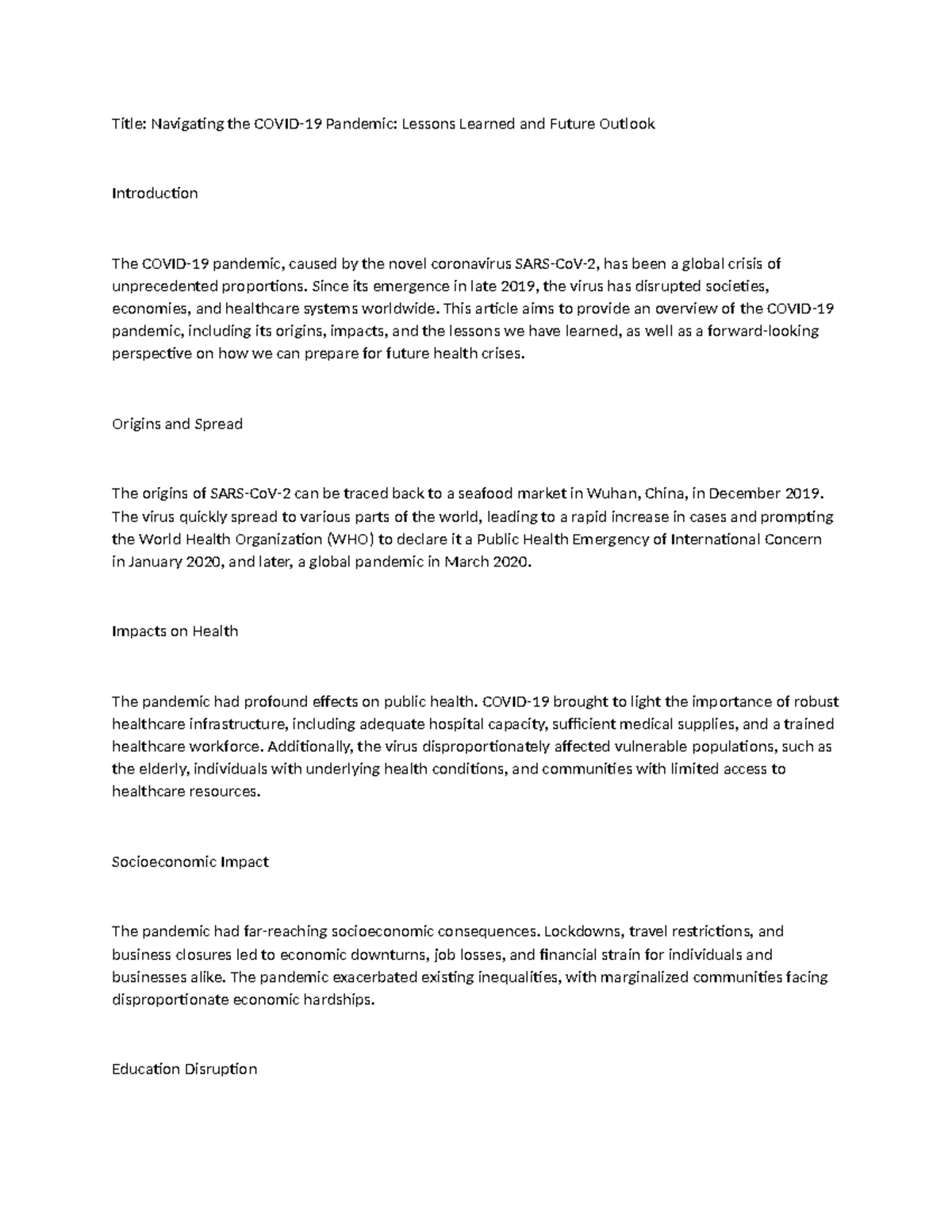 Covid - Title: Navigating the COVID-19 Pandemic: Lessons Learned and ...