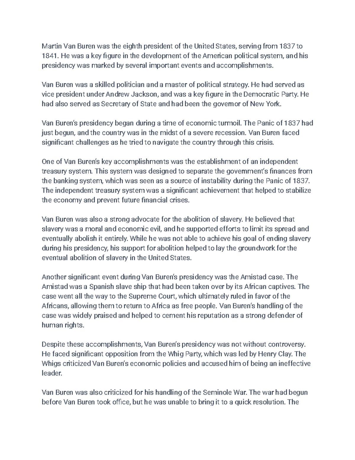 Martin Van Buren's Presidency - Martin Van Buren was the eighth ...