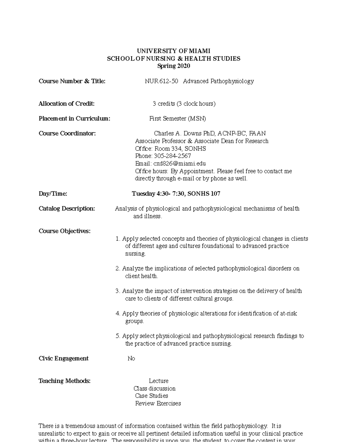 NUR 612 Spring 2020 Syllabus - UNIVERSITY OF MIAMI SCHOOL OF NURSING ...