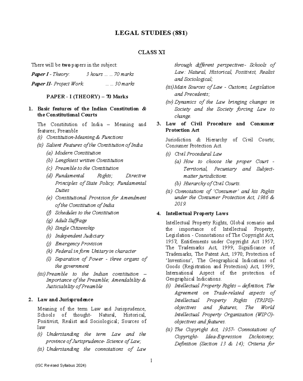 Revised class XI - efwqfwfwf - 1 LEGAL STUDIES (881) CLASS XI There ...