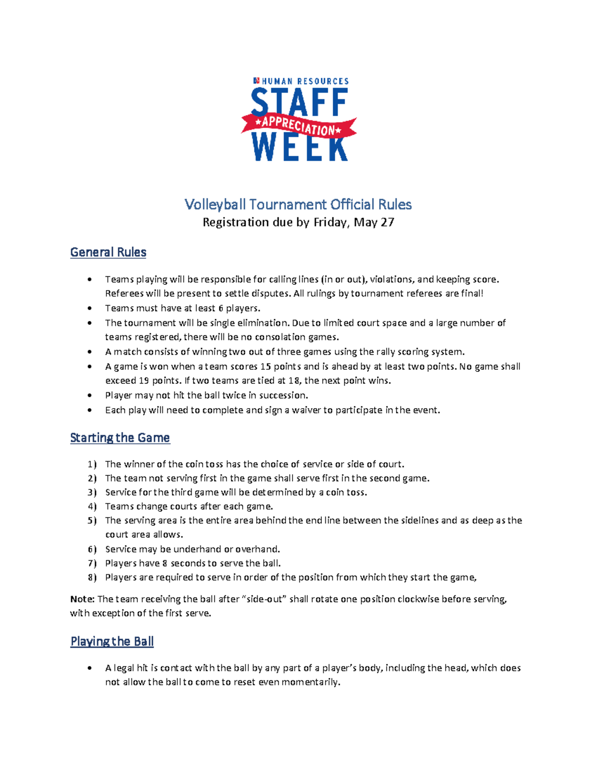 Staff appreciation week volleyball tournament official rules 2022 ...