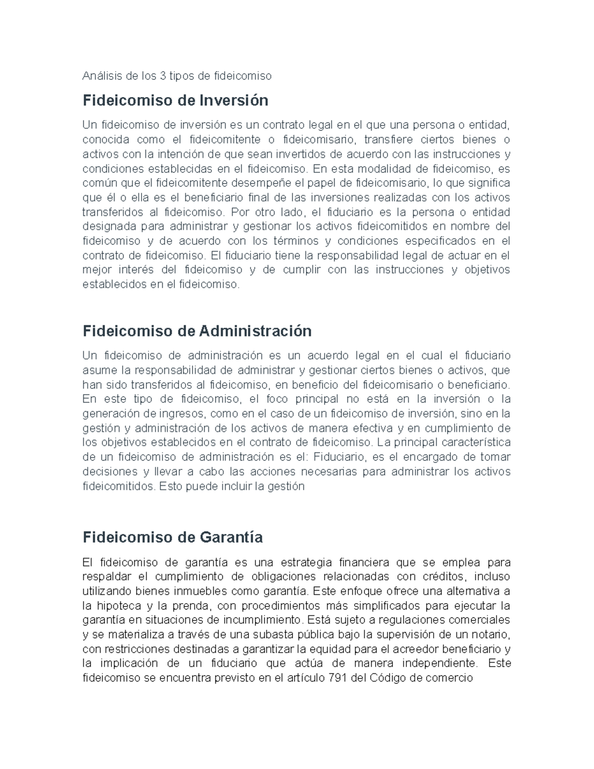 Analisis de Contratos de fideicomiso - Análisis de los 3 tipos de fideicomiso Fideicomiso de ...