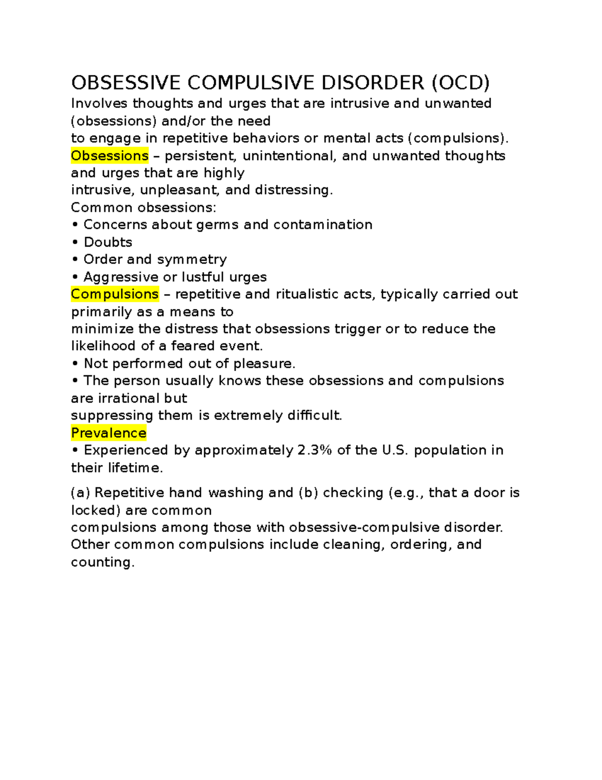 OCD Notes - OBSESSIVE COMPULSIVE DISORDER (OCD) Involves thoughts and ...