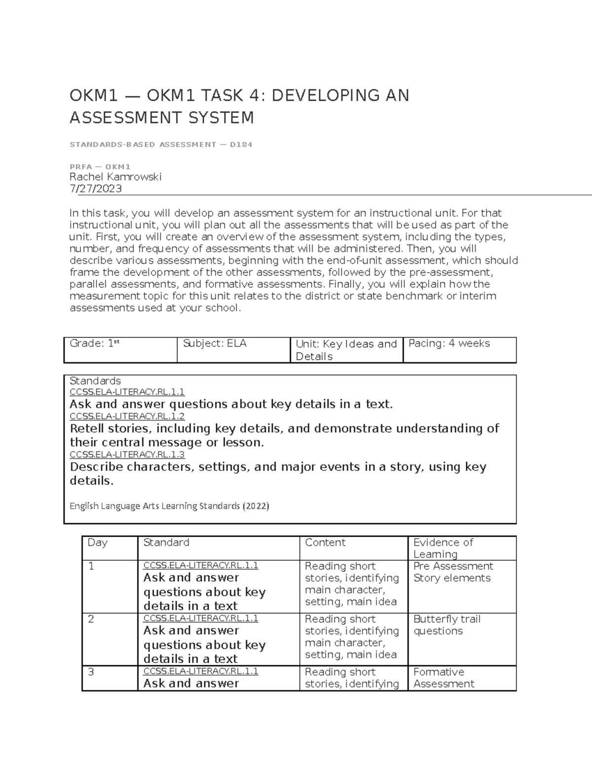 Okm1 task4 - D-184 OKM1 Task 4 - OKM1 — OKM1 TASK 4: DEVELOPING AN ASSESSMENT SYSTEM STANDARDS ...