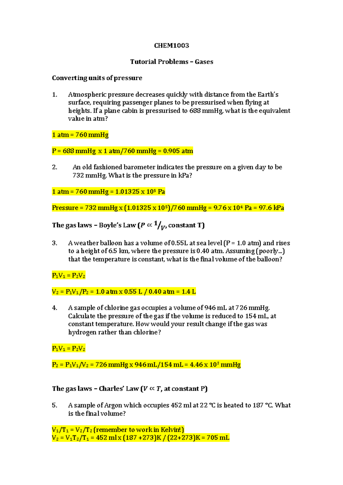 CHEM1003-Gases Tutorials with answers - CHEM1003 Tutorial Problems ...