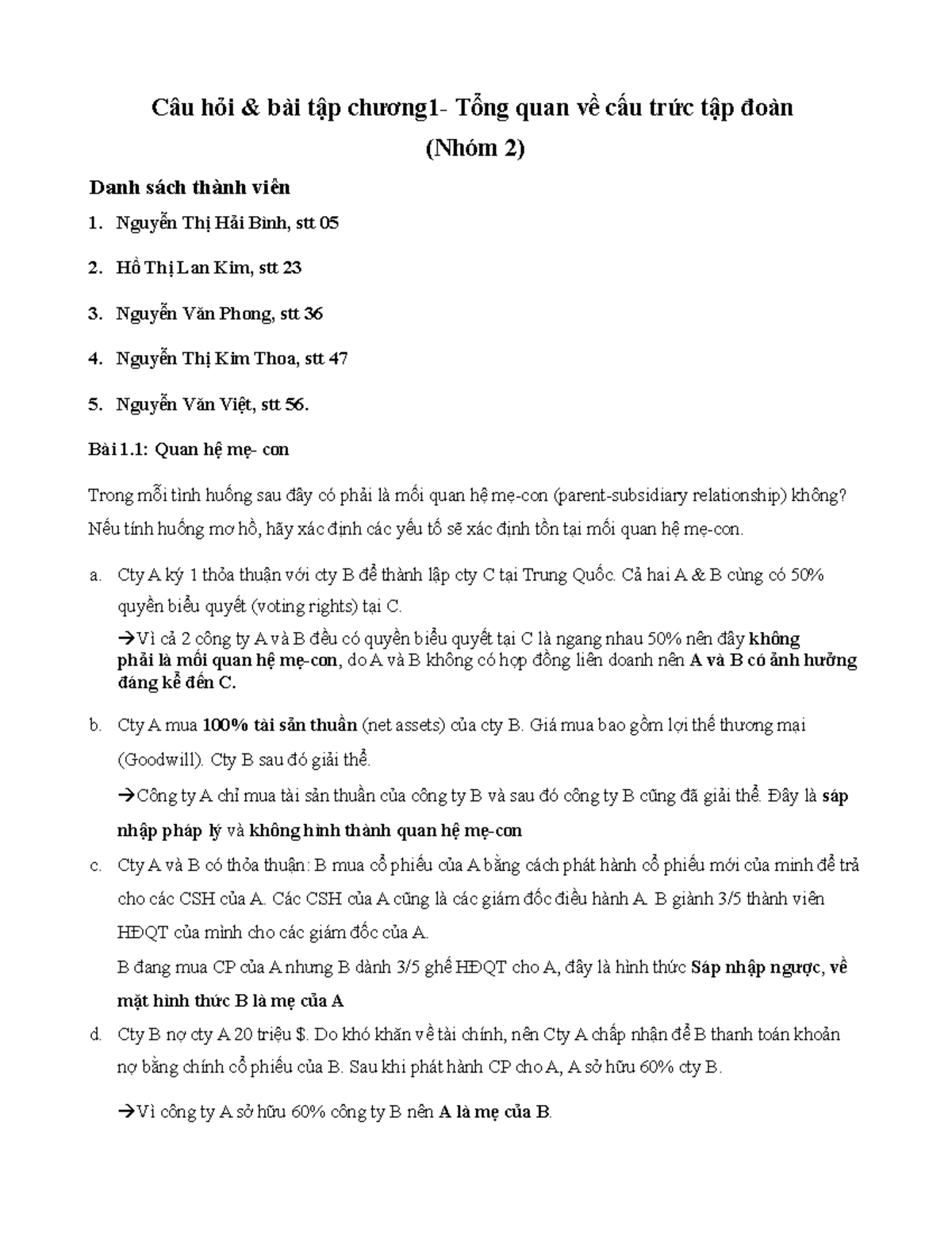 CHƯƠNG 01 - BT 1.1 - BT1.3 - NHÓM 2 - Câu hỏi & bài tập chương1- Tổng quan về cấu trức tập đoàn ...