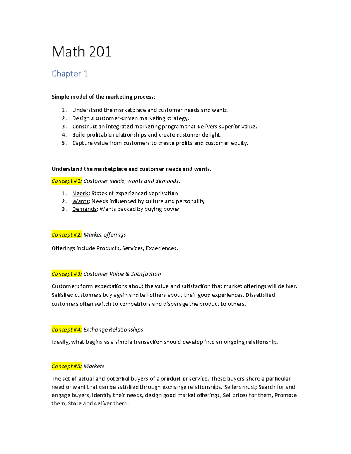 Mark 201 Study Plan - Math 201 Chapter 1 Simple model of the marketing ...