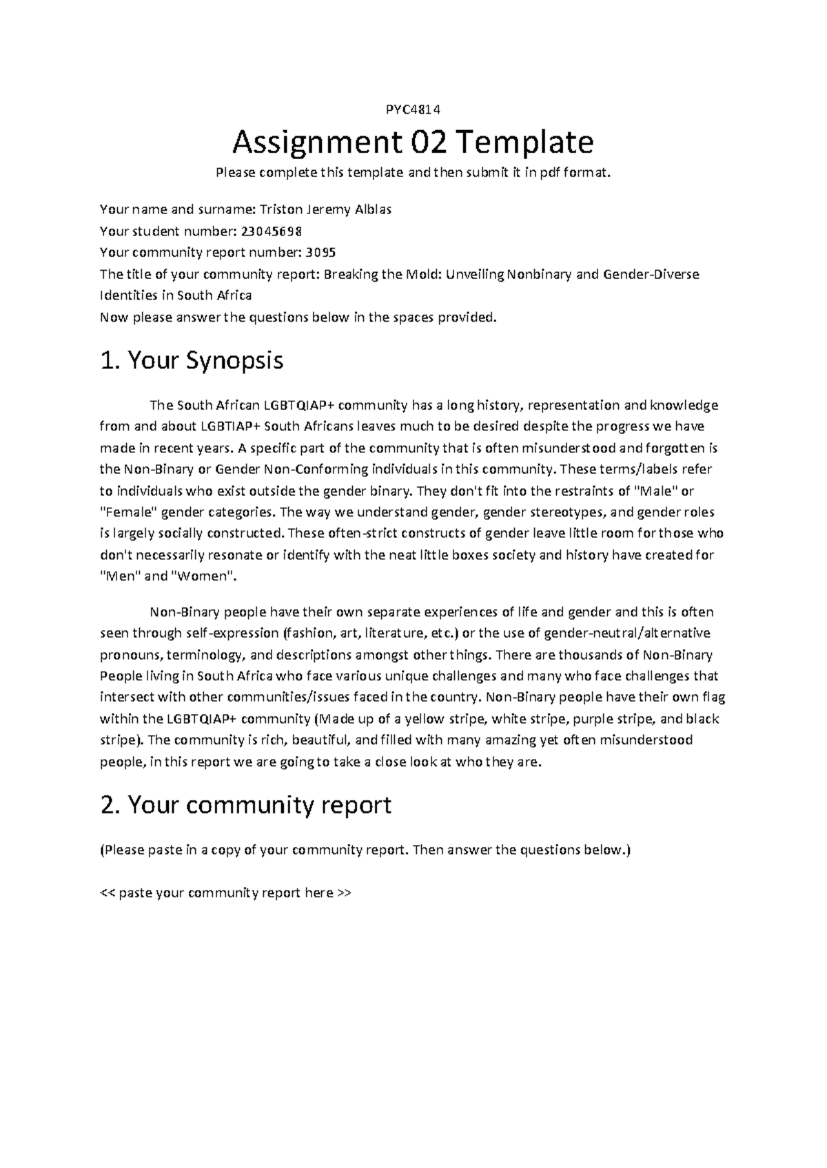 PYC4814 Assignment 2 Triston Jeremy Alblas - PYC Assignment 02 Template Please complete this ...