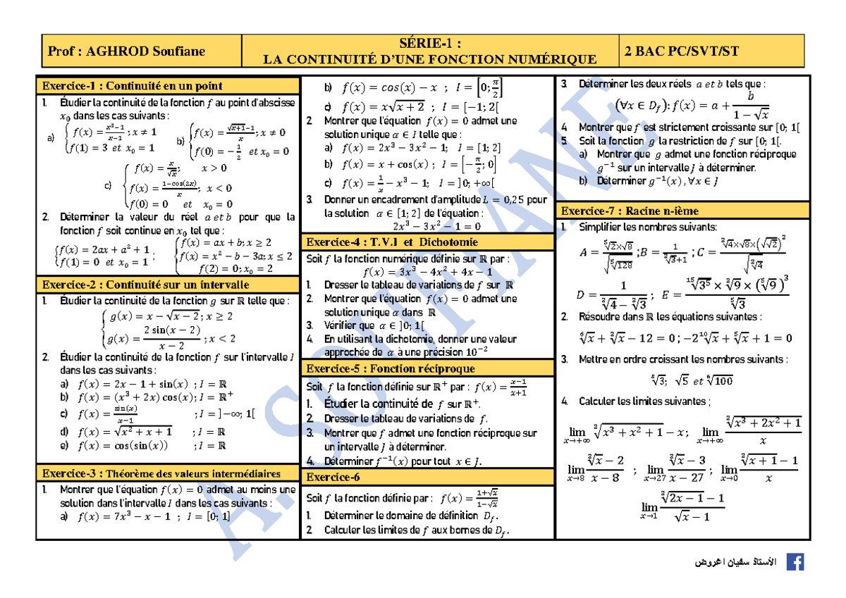 Serie-1-continuit Ã©(2024) - Prof : AGHROD Soufiane SÉRIE- 1 : LA ...