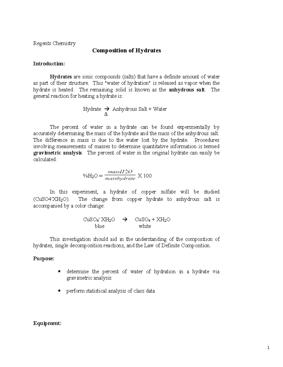Composition of Hydrates-07 - Regents Chemistry Composition of Hydrates ...