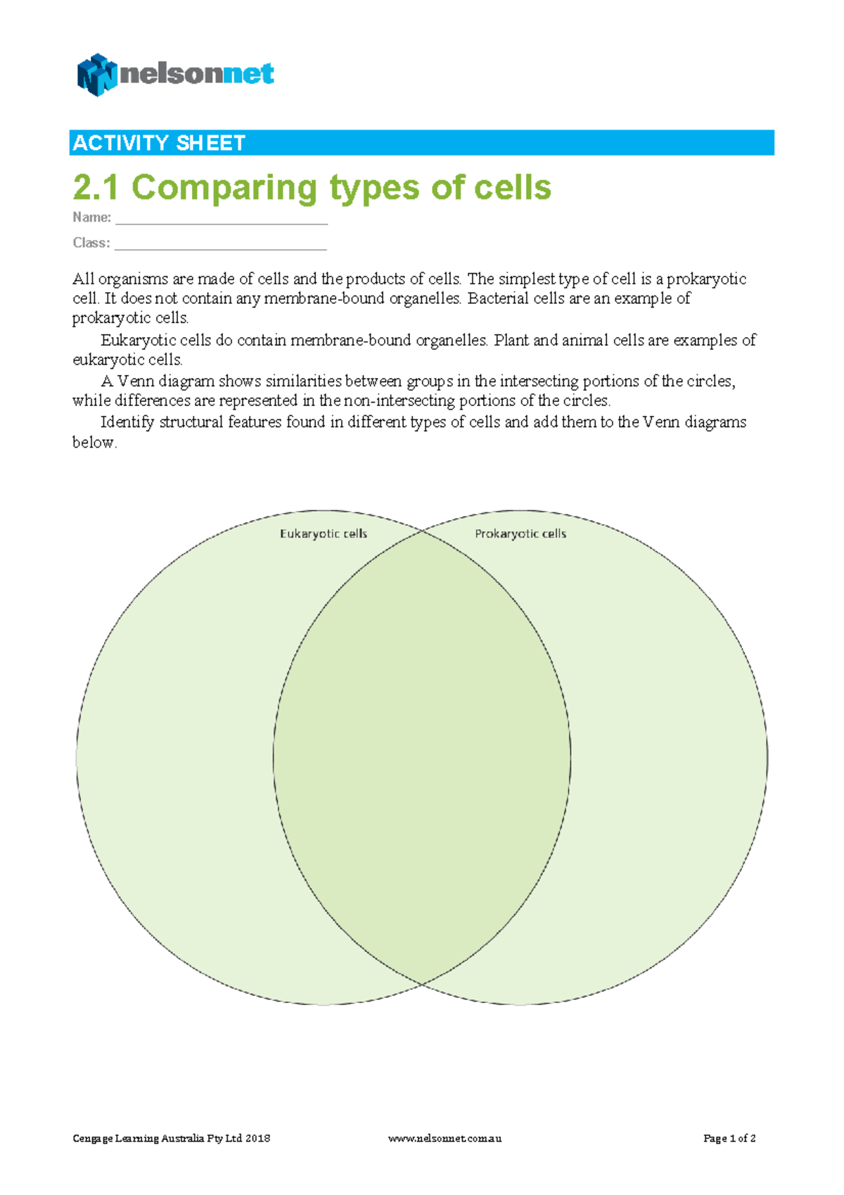 Comparing Types of Cells - Cengage Learning Australia Pty Ltd 2018 ...