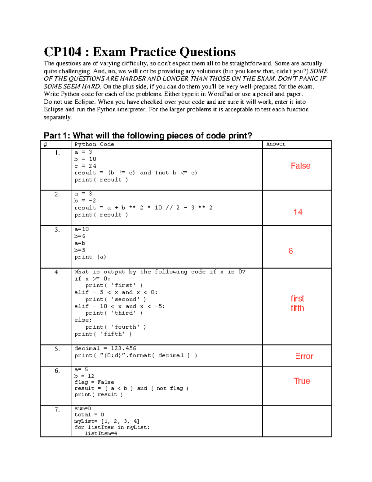 Practice Final Exam - CP104 : Exam Practice Questions The questions are ...