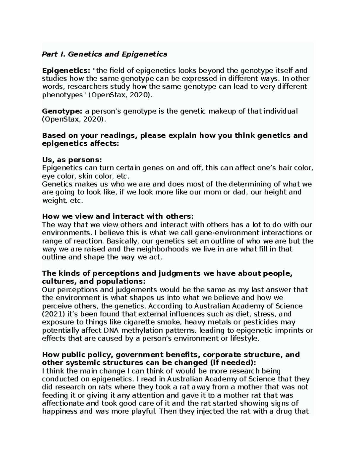 Hj - Discussion - Part I. Genetics and Epigenetics Epigenetics: "the ...