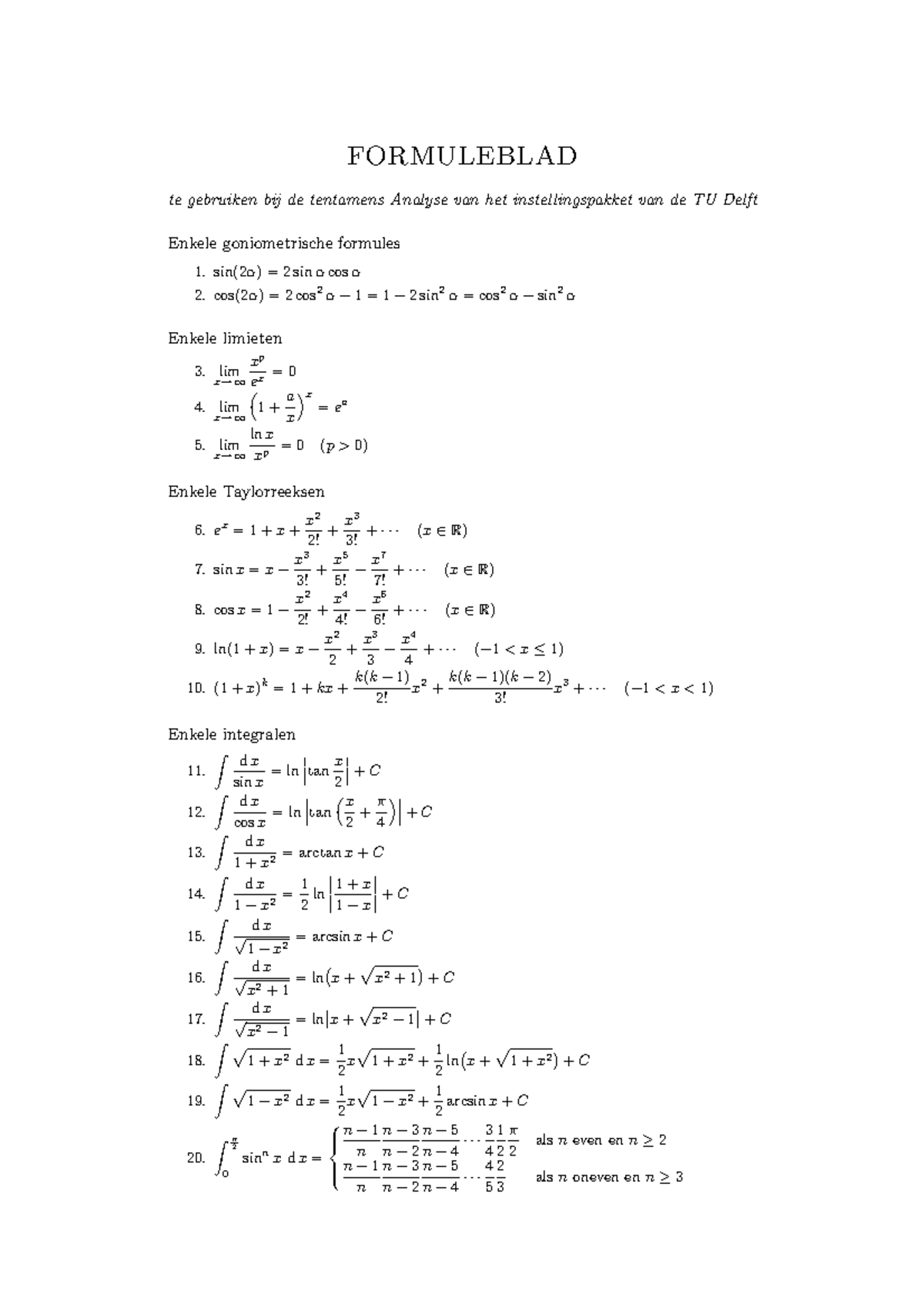 Formuleblad Analyse - FORMULEBLAD te gebruiken bij de tentamens Analyse ...