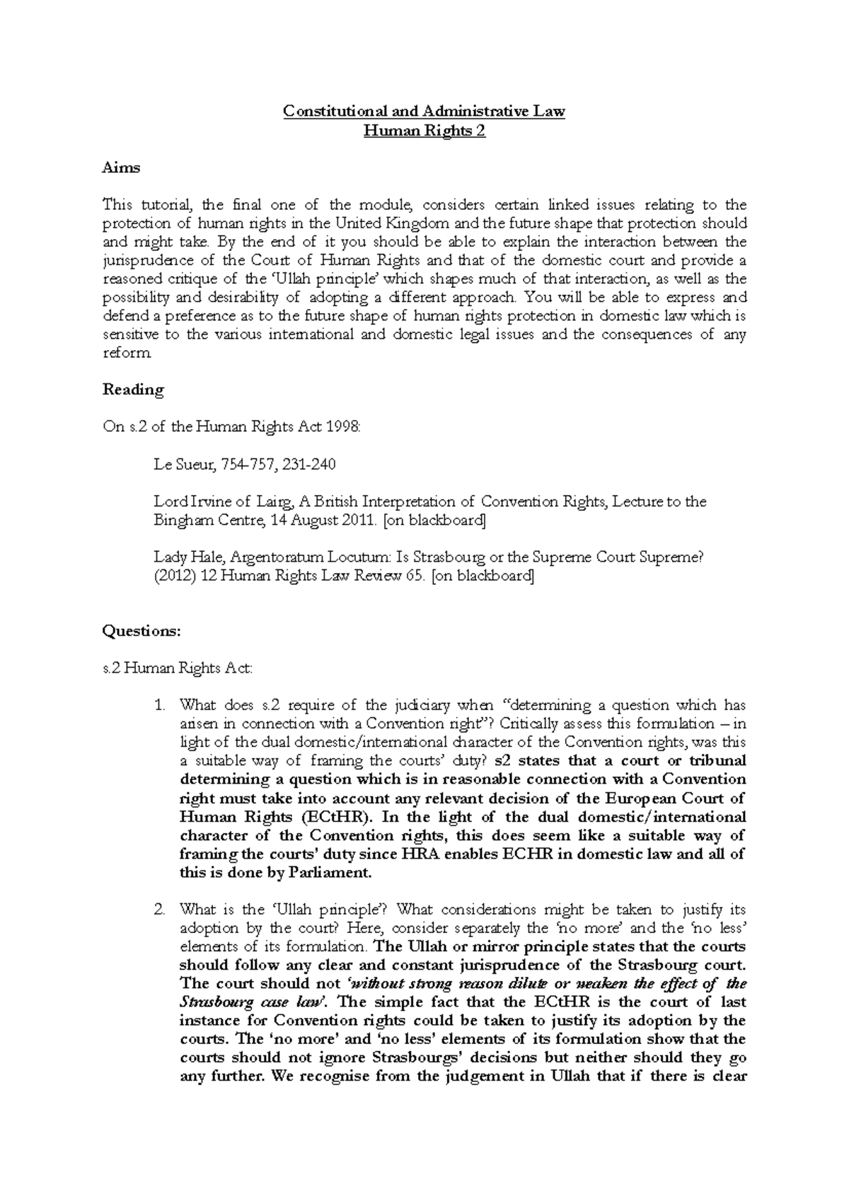 Human Rights 2 - Tutorial - Constitutional and Administrative Law Human ...