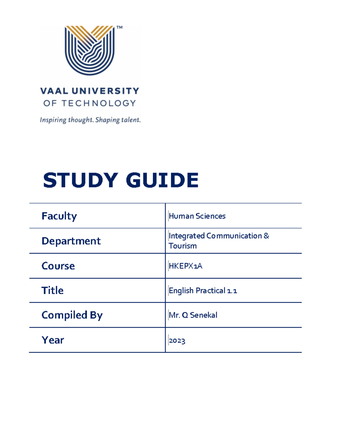 VUT Reader Hkepx 1A 2023 - STUDY GUIDE Faculty Human Sciences ...