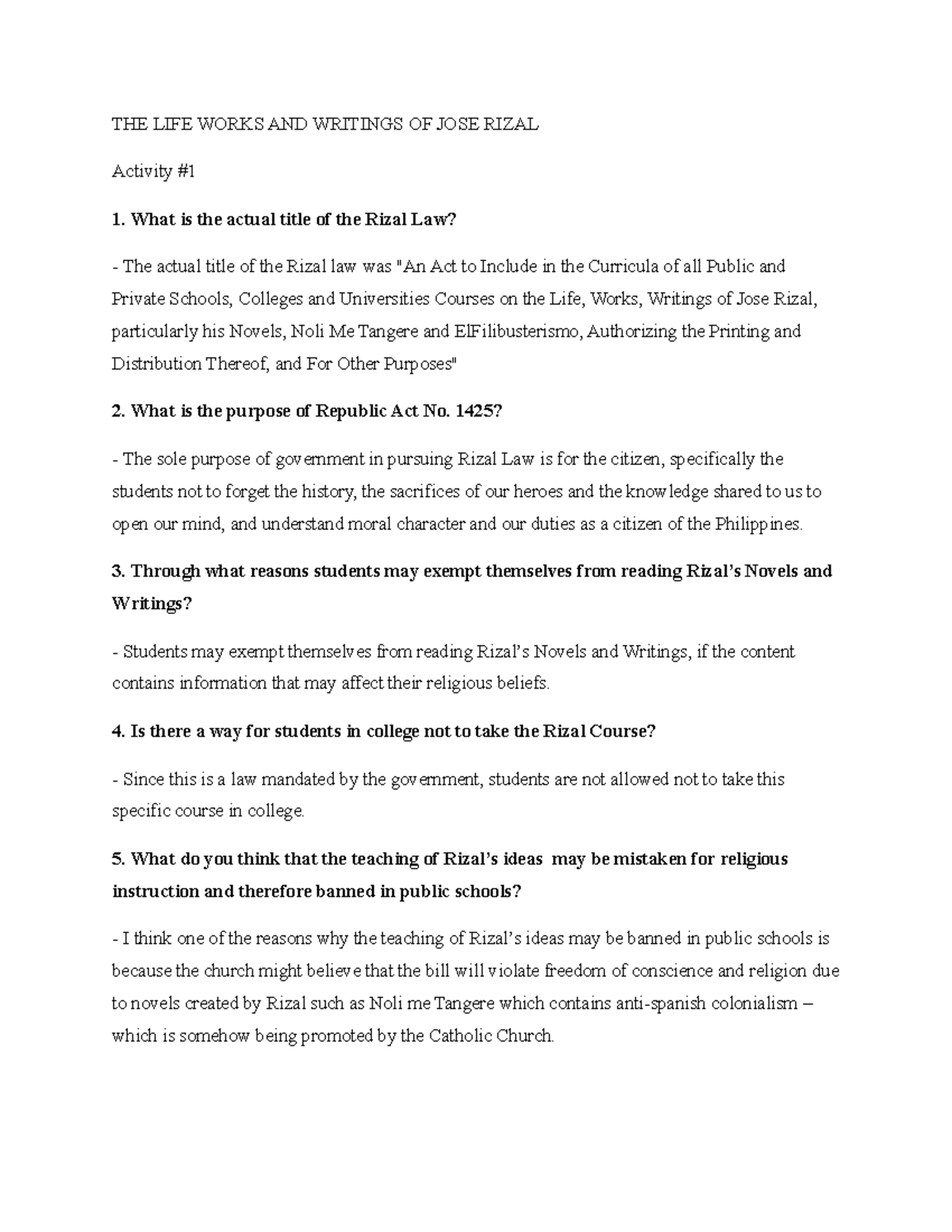 R1-8 - R1-8 RIZAL - THE LIFE WORKS AND WRITINGS OF JOSE RIZAL Activity ...