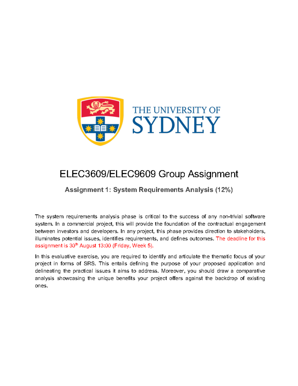 Assignment 1 - Requirement - ELEC3609/ELEC9609 Group Assignment ...