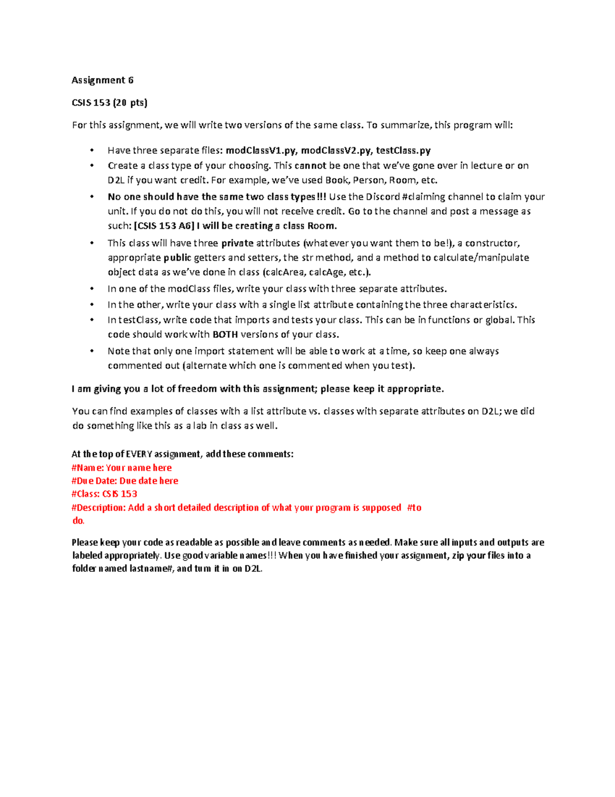 153A6Instructions 3 - Lecture Notes - Assignment 6 CSIS 153 (20 pts ...