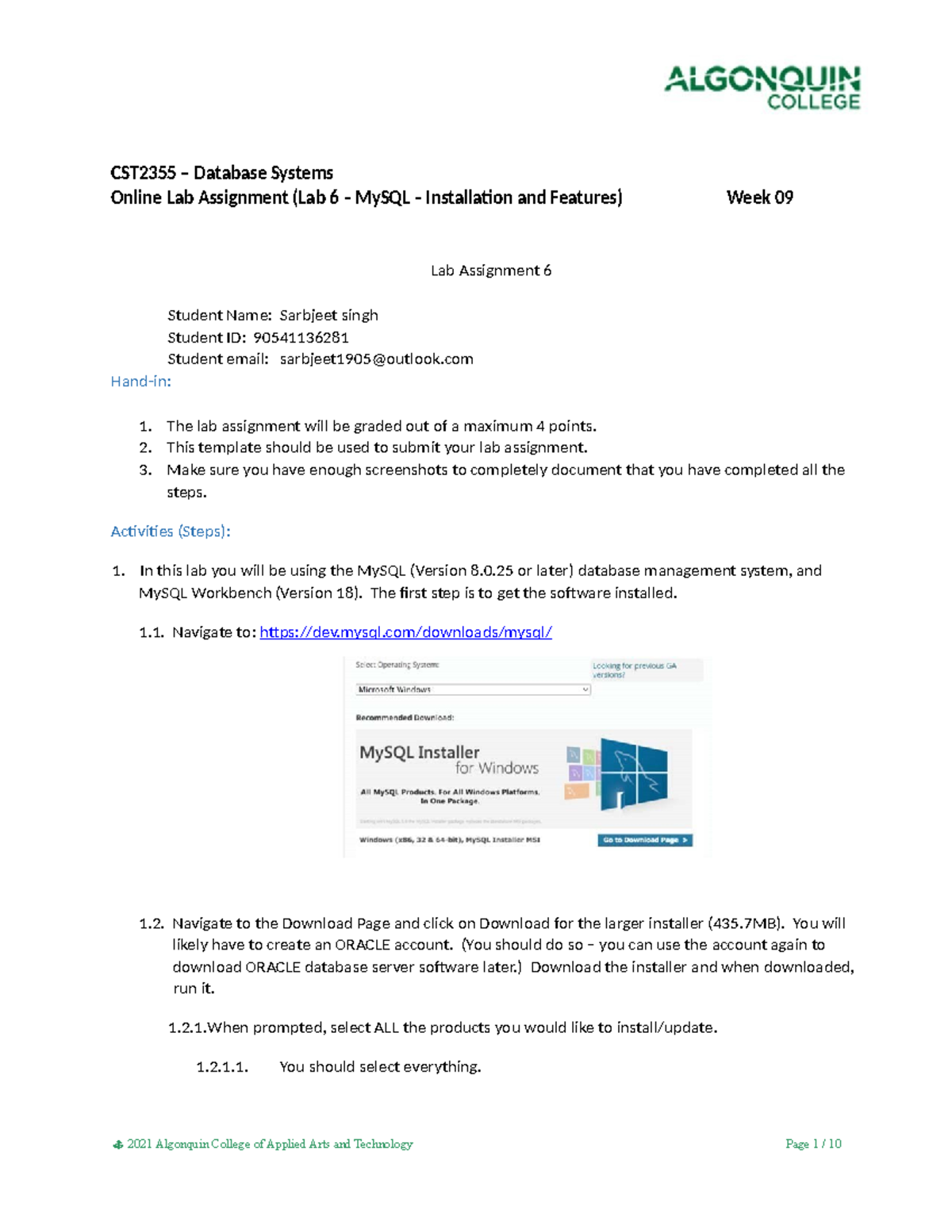 week 7 assignment given by proffesor - CST2355 – Database Systems Online Lab Assignment (Lab 6 ...