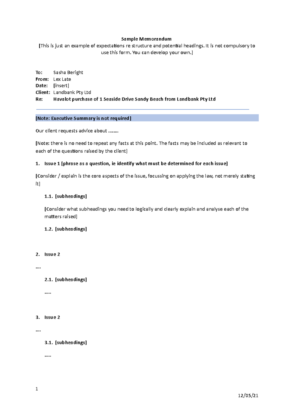 LLB444 Sample Memo - Format document for major assessment piece in this ...